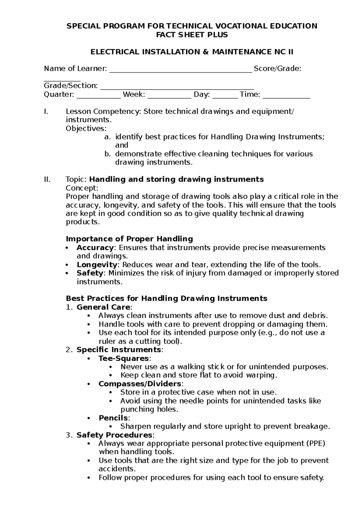 Handling and Storing Drawing Instruments - Fact Sheet for TVET NC II ...