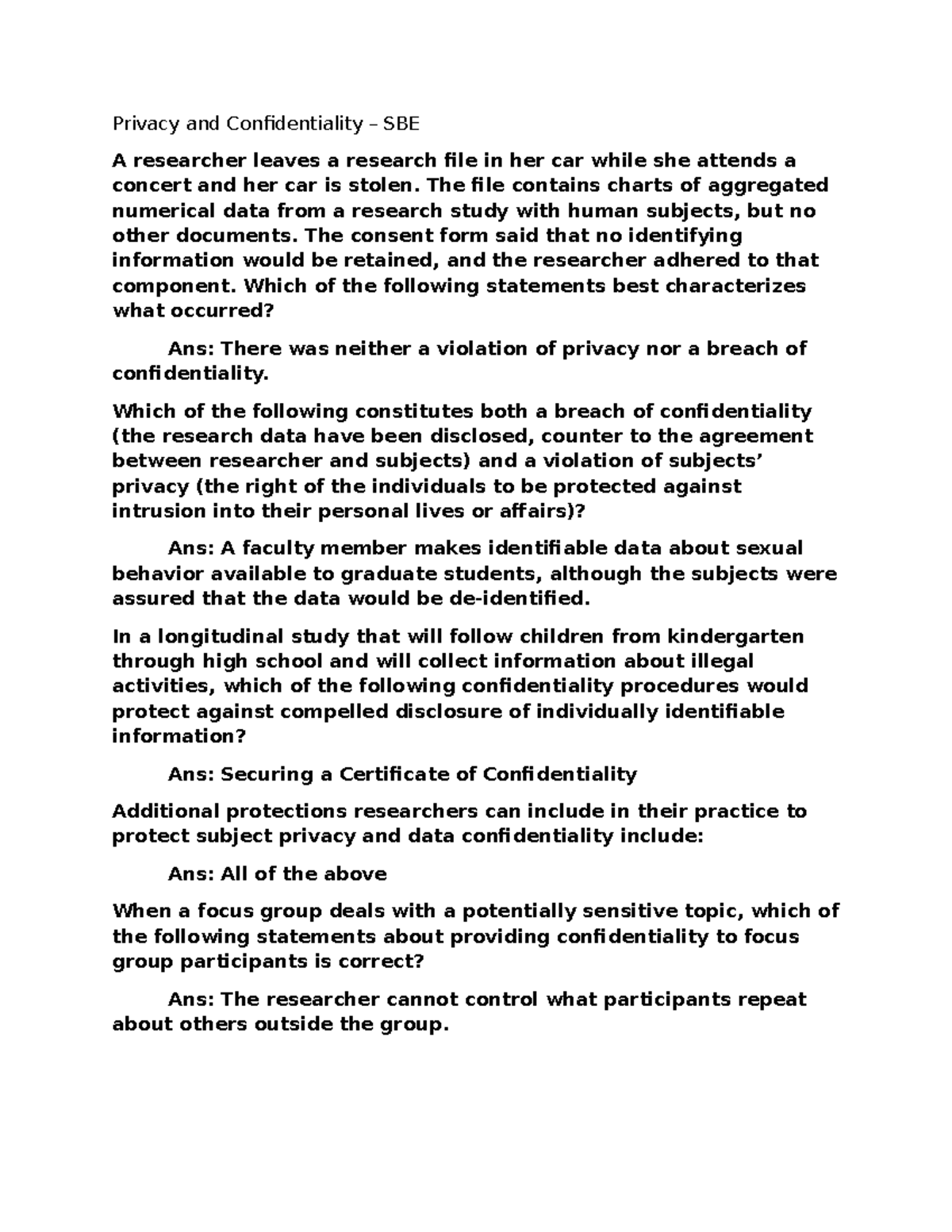 CITI Quiz 7 - Privacy and Confidentiality in Research Practices - Studocu