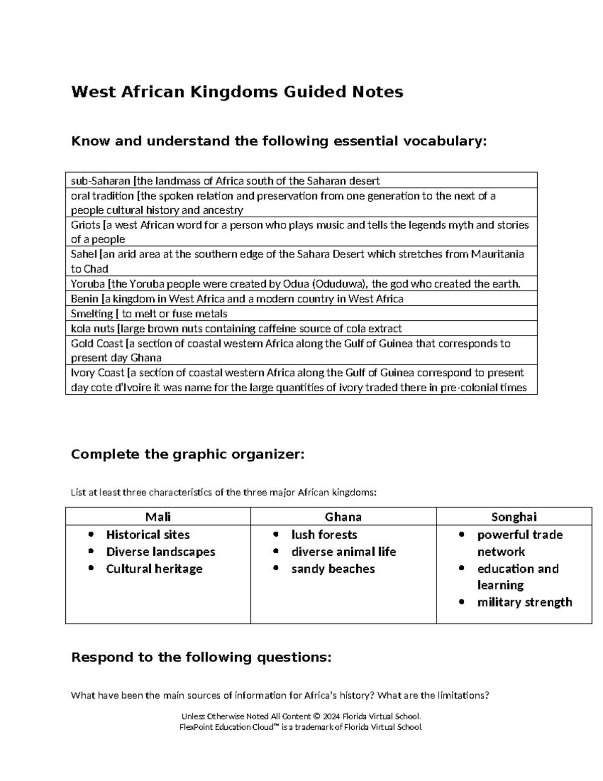 West African Kingdoms Guided Notes: Key Vocabulary & Historical ...