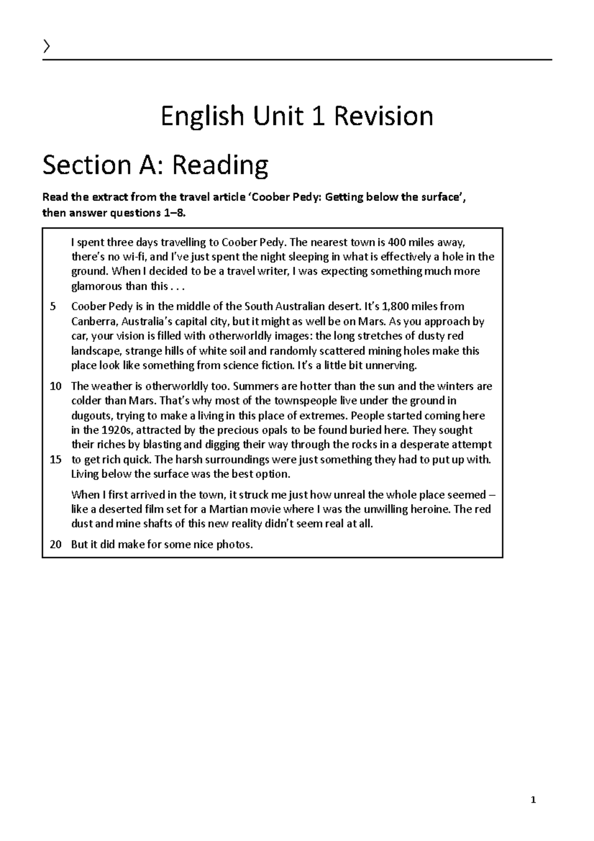 Grade 8 Eng Unit 1 Revision: Travel Writing Insights & Qs - Studocu