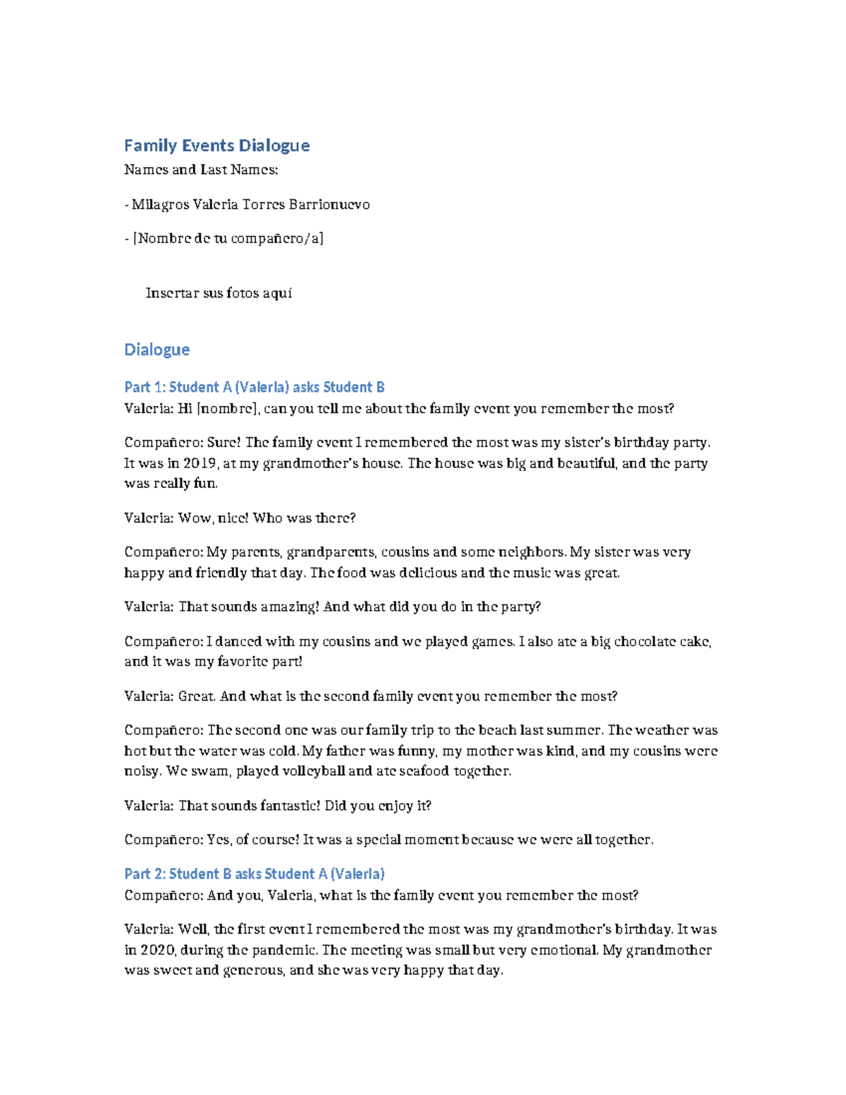 Family Events Dialogue: Memorable Moments and Celebrations - Studocu