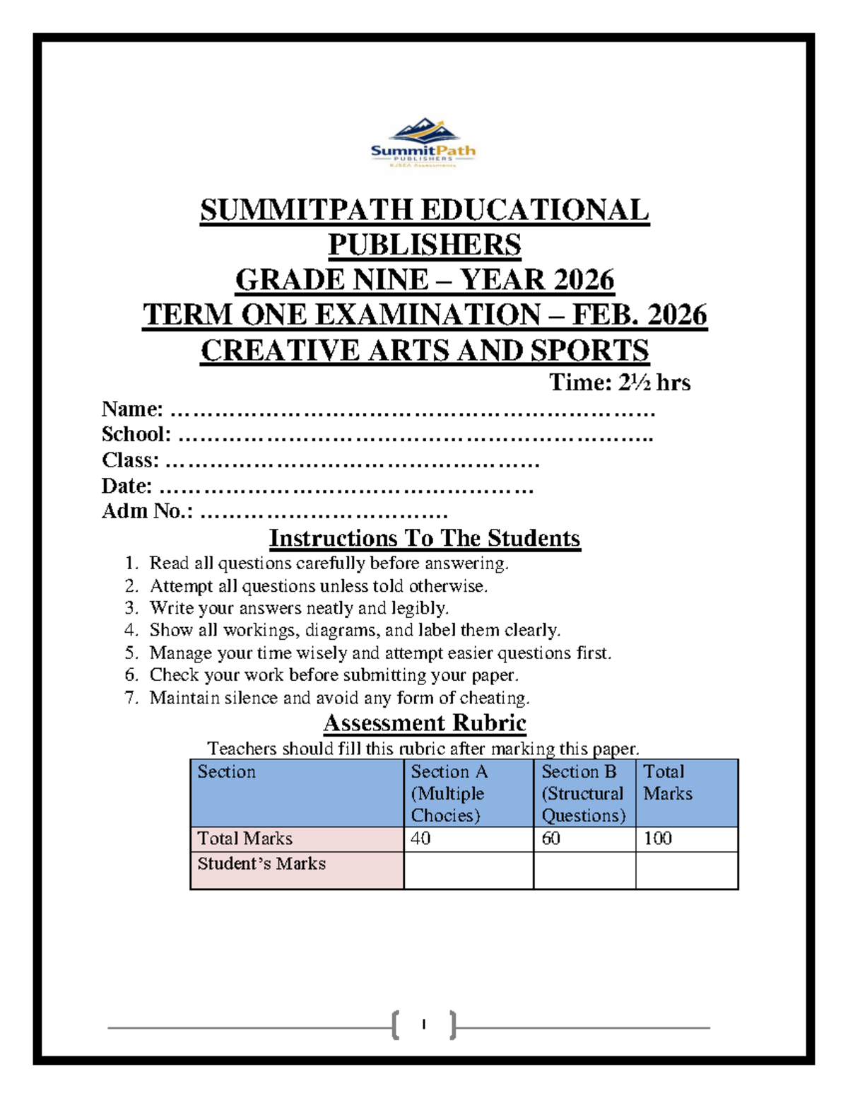SUMMITPATH EDUCATIONAL PUBLISHERS GRADE 9 TERM 1 EXAM 2026: CREATIVE ...