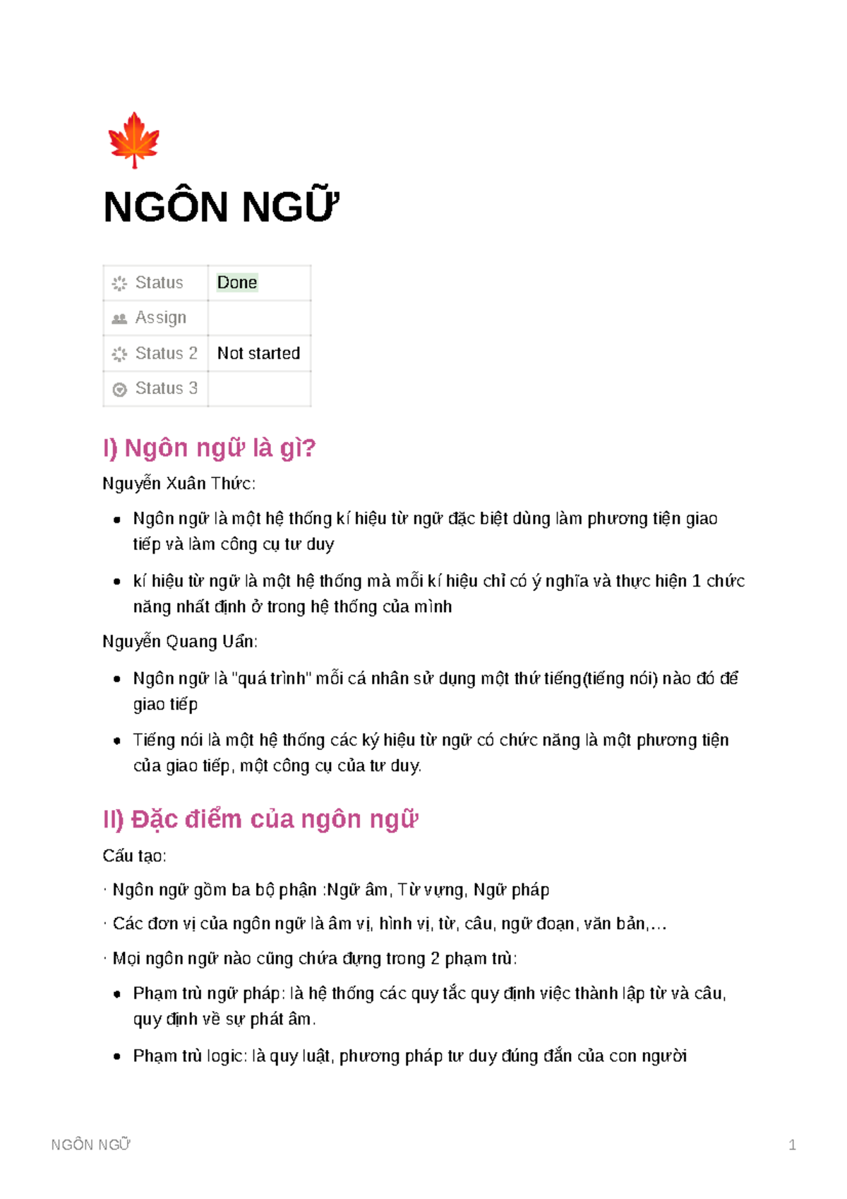 Ngôn ngữ- tlh nhận thức - 🍁 NGÔN NGỮ Status Done Assign Status 2 Not ...