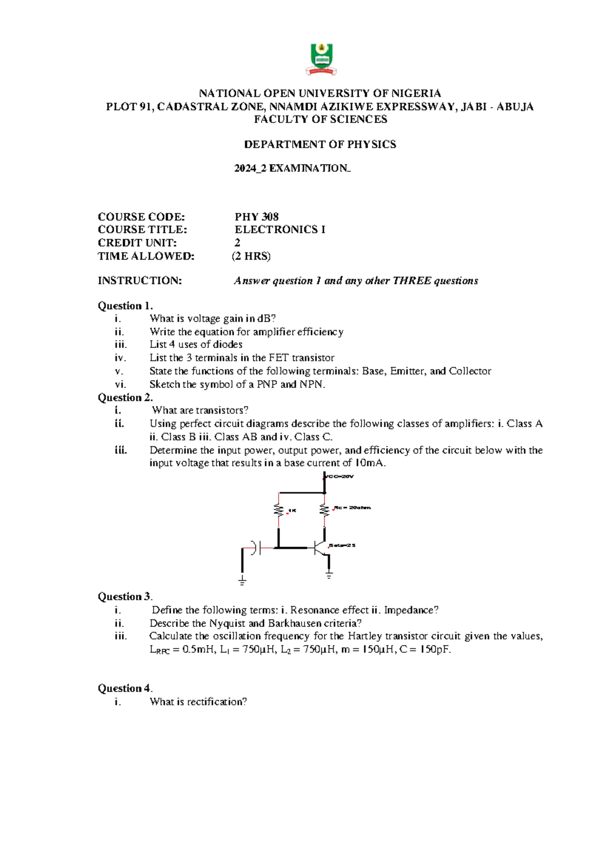 PHY 308 Electronics I 2024_2 - Past Exam Questions - Studocu