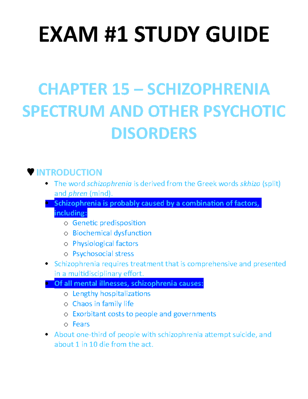 EXAM #1 Psych - EXAM STUDY GUIDE CHAPTER 15 SCHIZOPHRENIA SPECTRUM AND ...