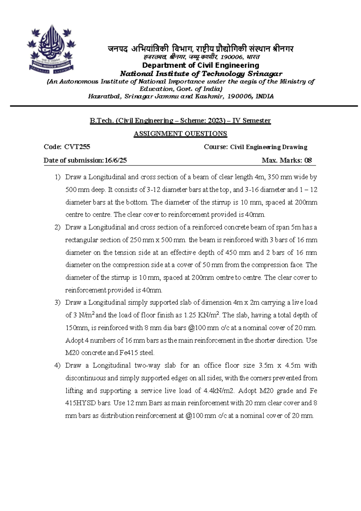 Final Assignment for CVT255: Civil Engineering Drawing (B.Tech IV Sem ...