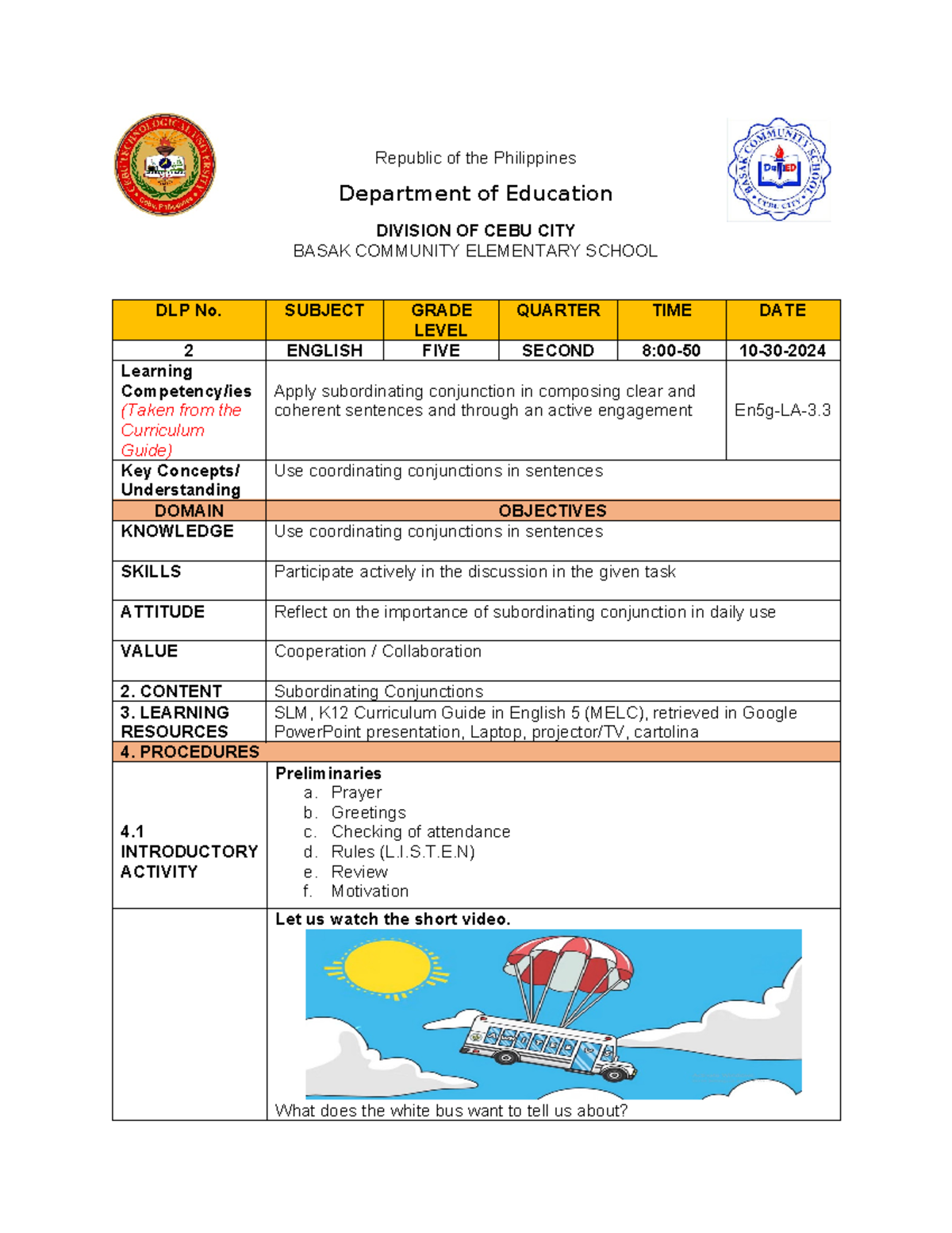 Lesson Plan for Subordinating Conjunctions in English 5 (DLP No. 2 ...