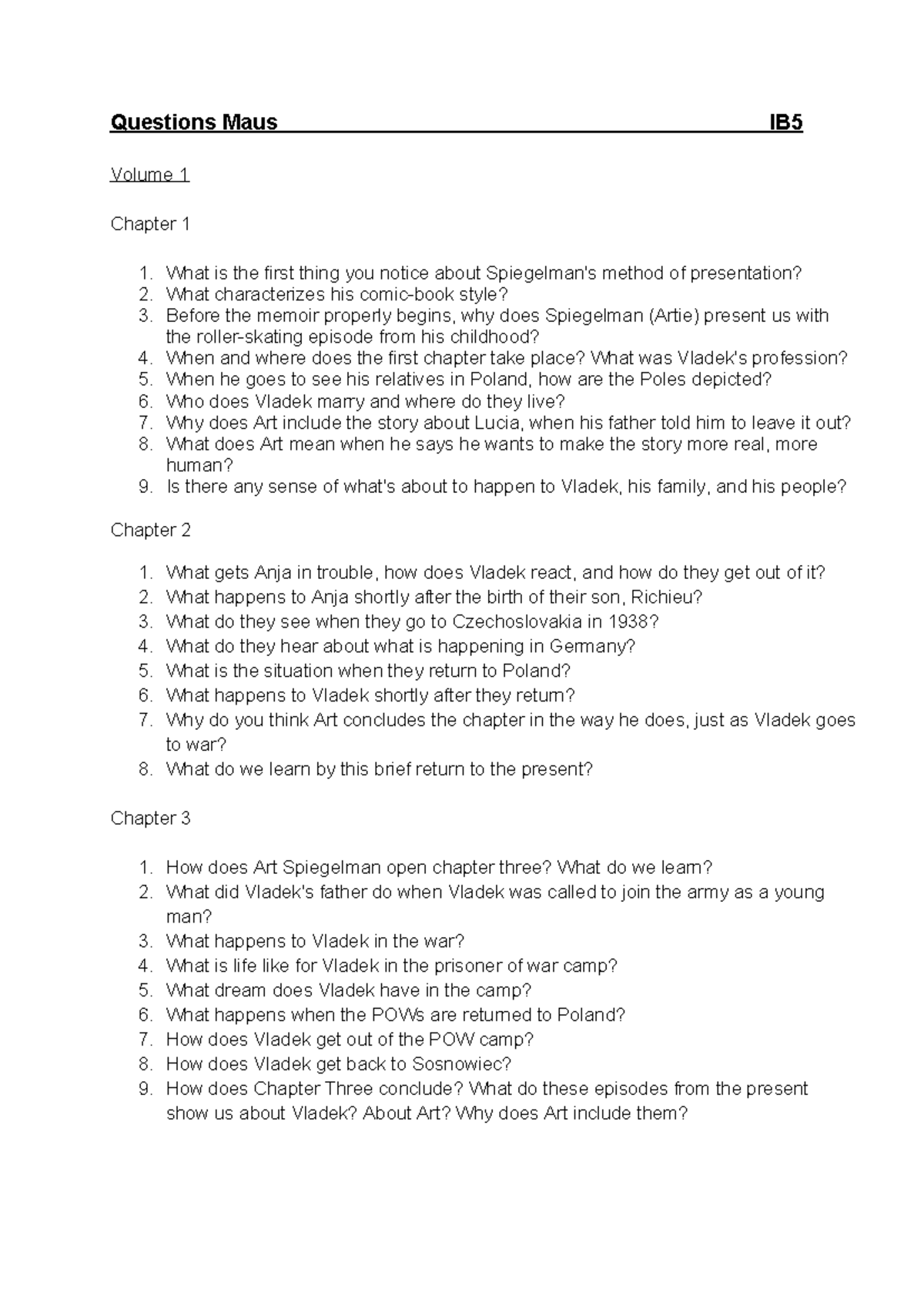Maus IB Volume 1: Comprehension Questions for Chapters 1-6 - Studeersnel