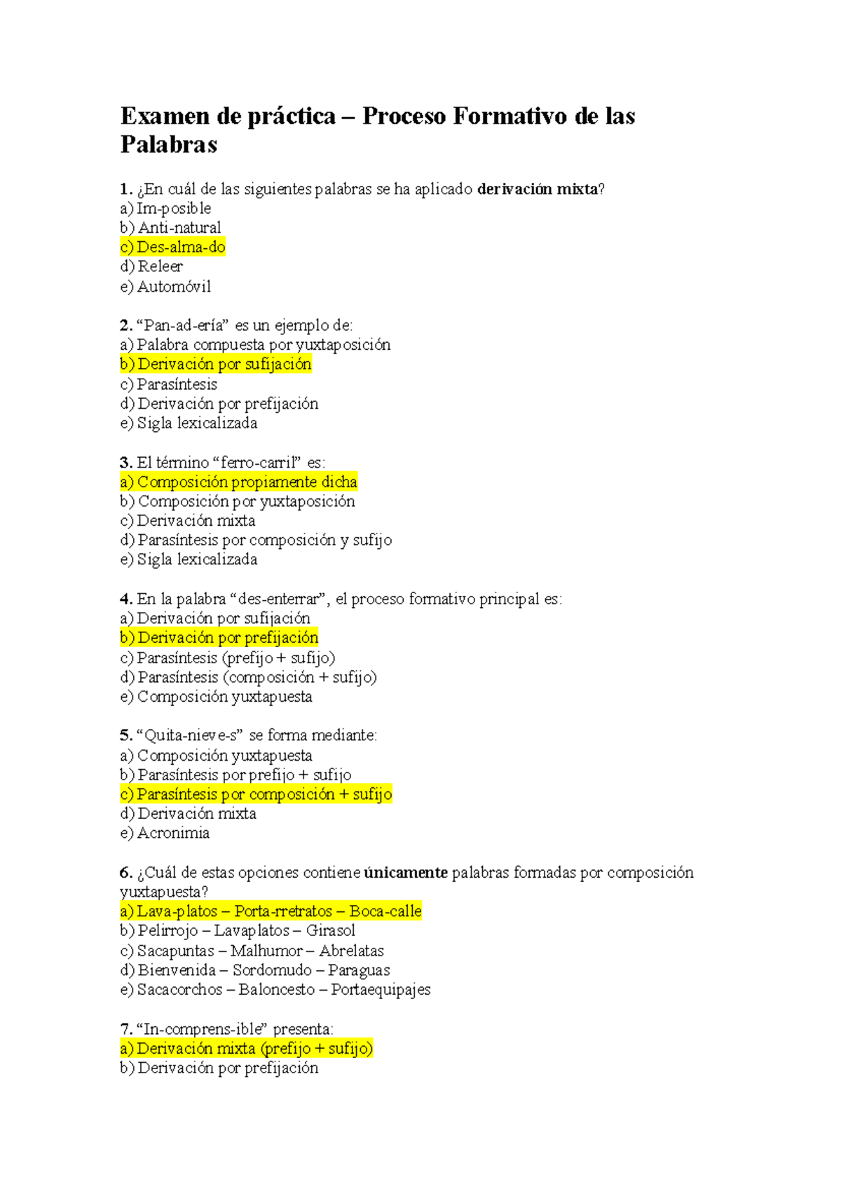 Examen de Práctica: Proceso Formativo de las Palabras 1 - Studocu