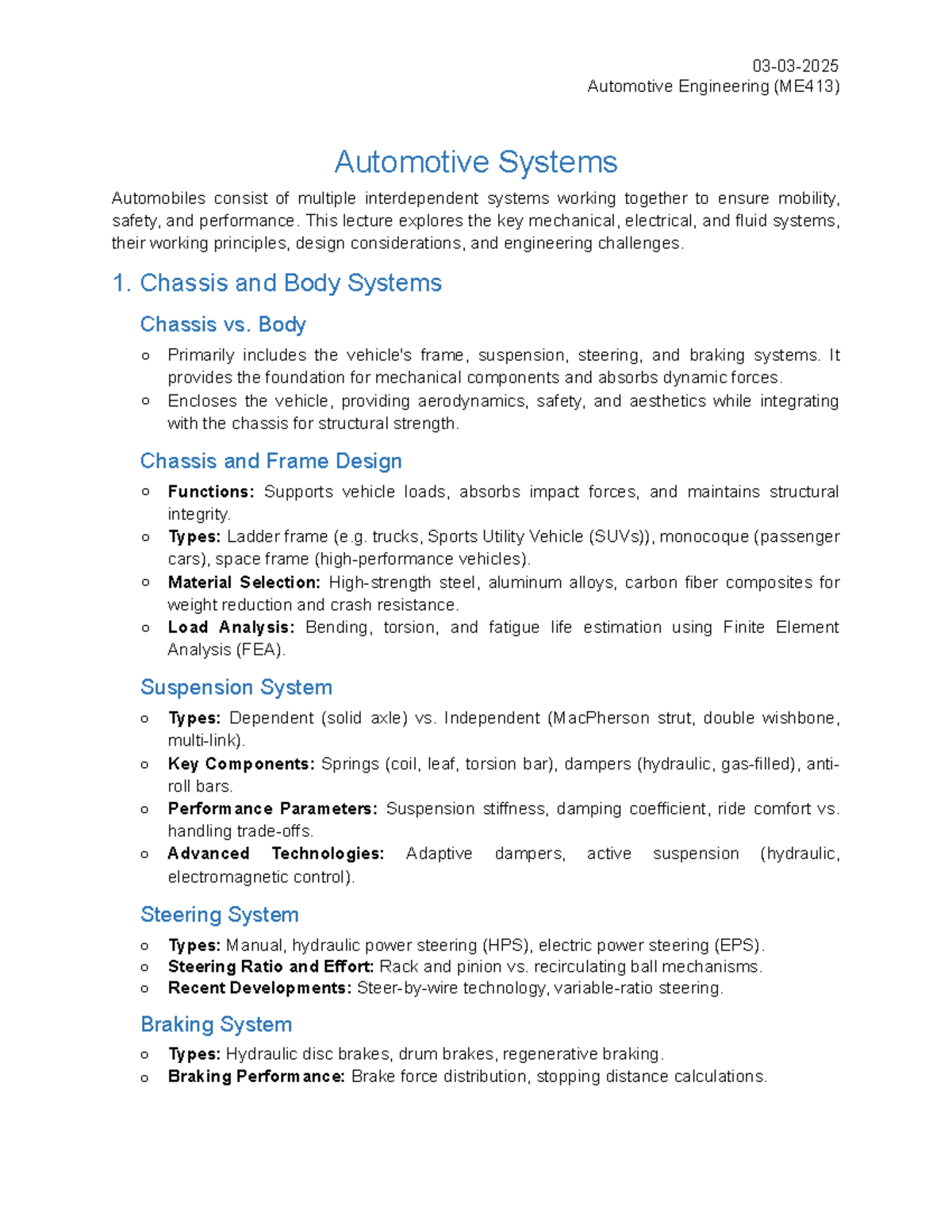 Automotive Engineering (ME413) Lecture Notes on Automotive Systems ...