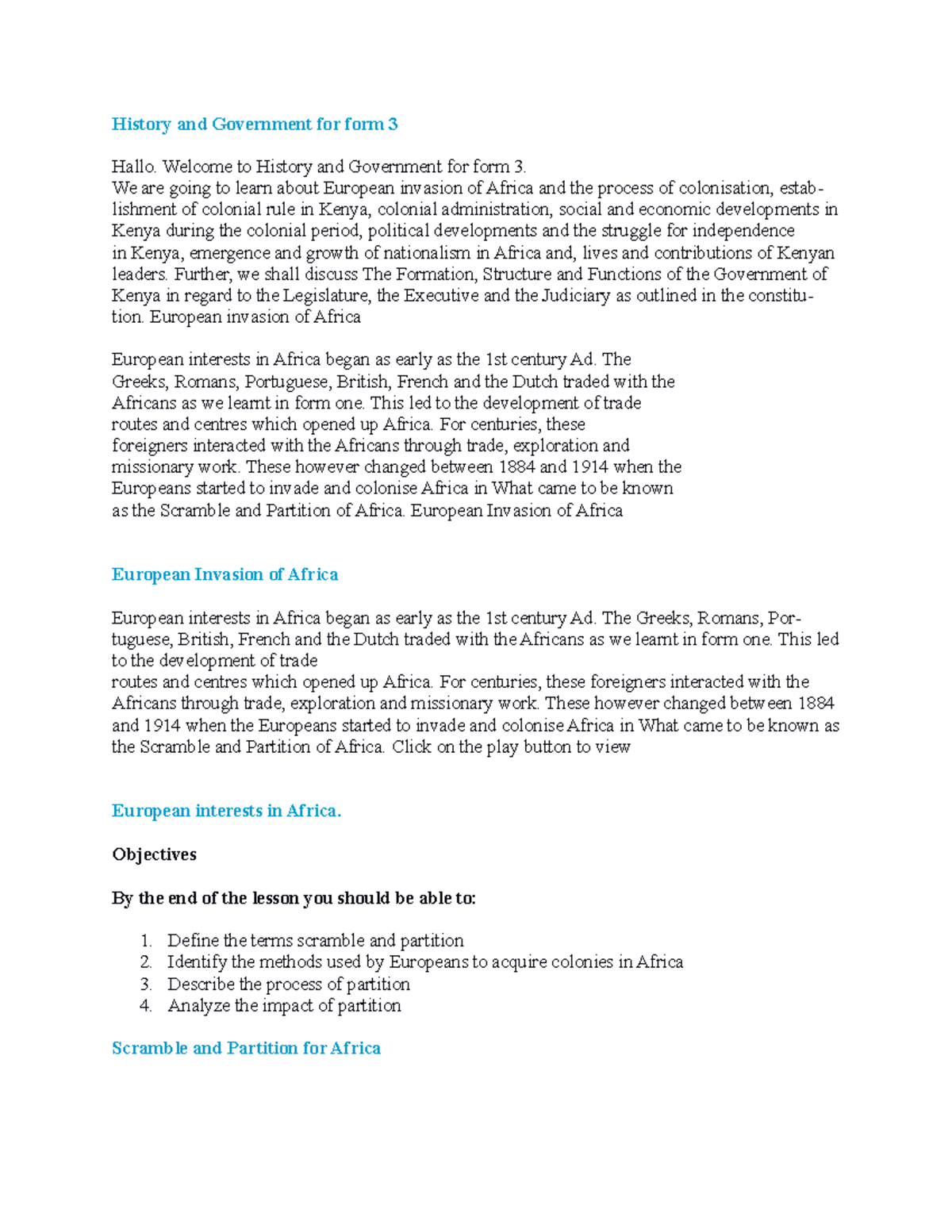 History FORM 3 Study Notes on European Colonization of Africa - Studocu