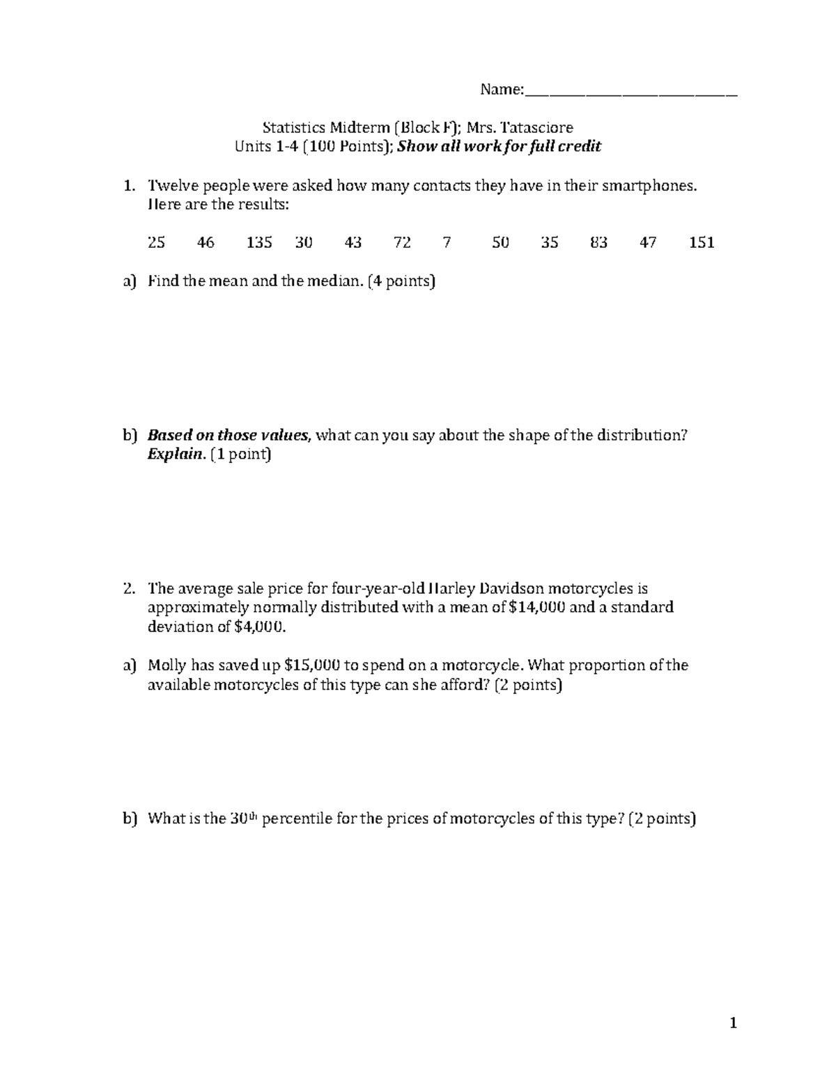 Statistics Midterm Exam (Block Mrs. Tatasciore) 2024-25 - Studocu