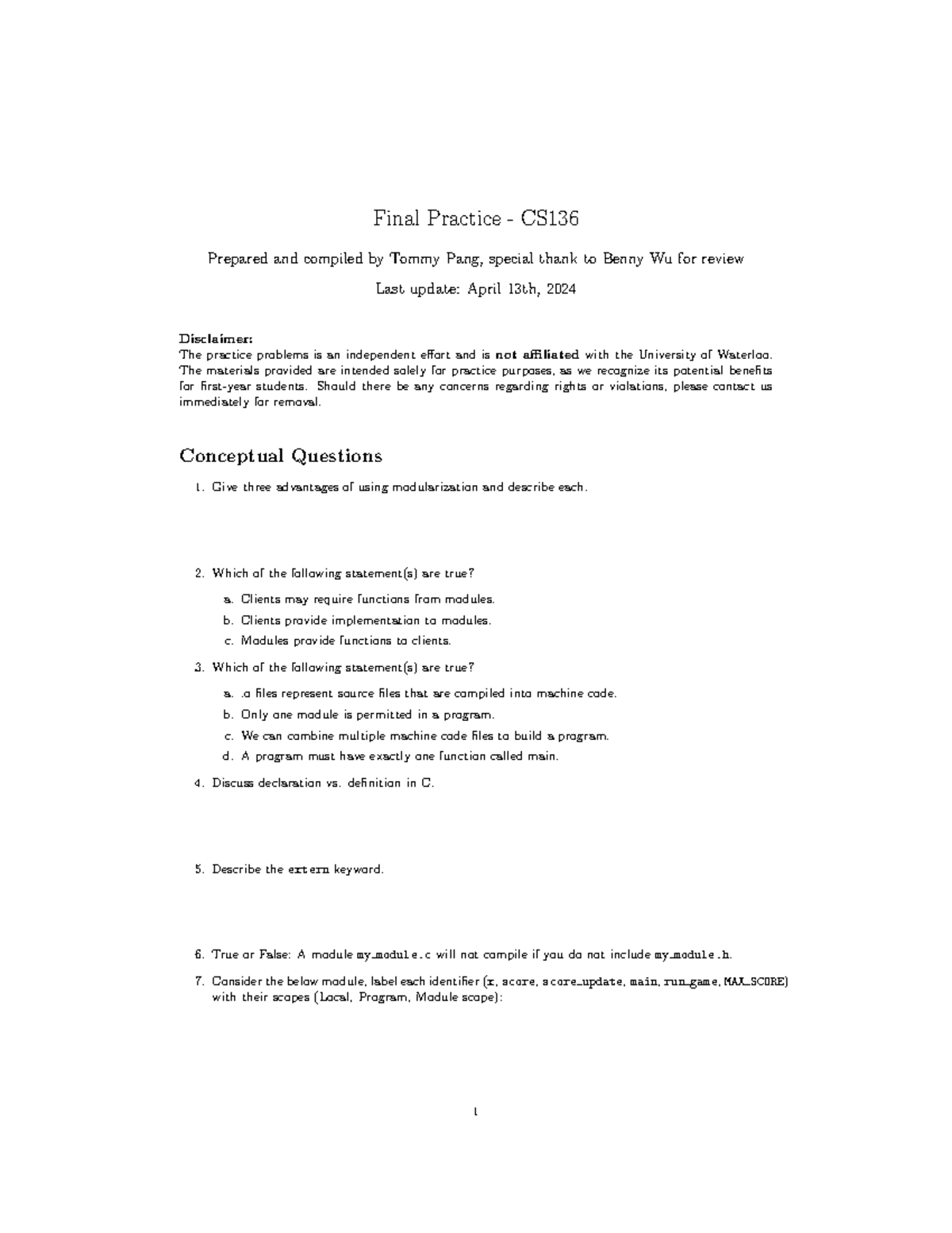 CS136 Final Mock Exam Practice - Part 1 by Tommy Pang - Studocu