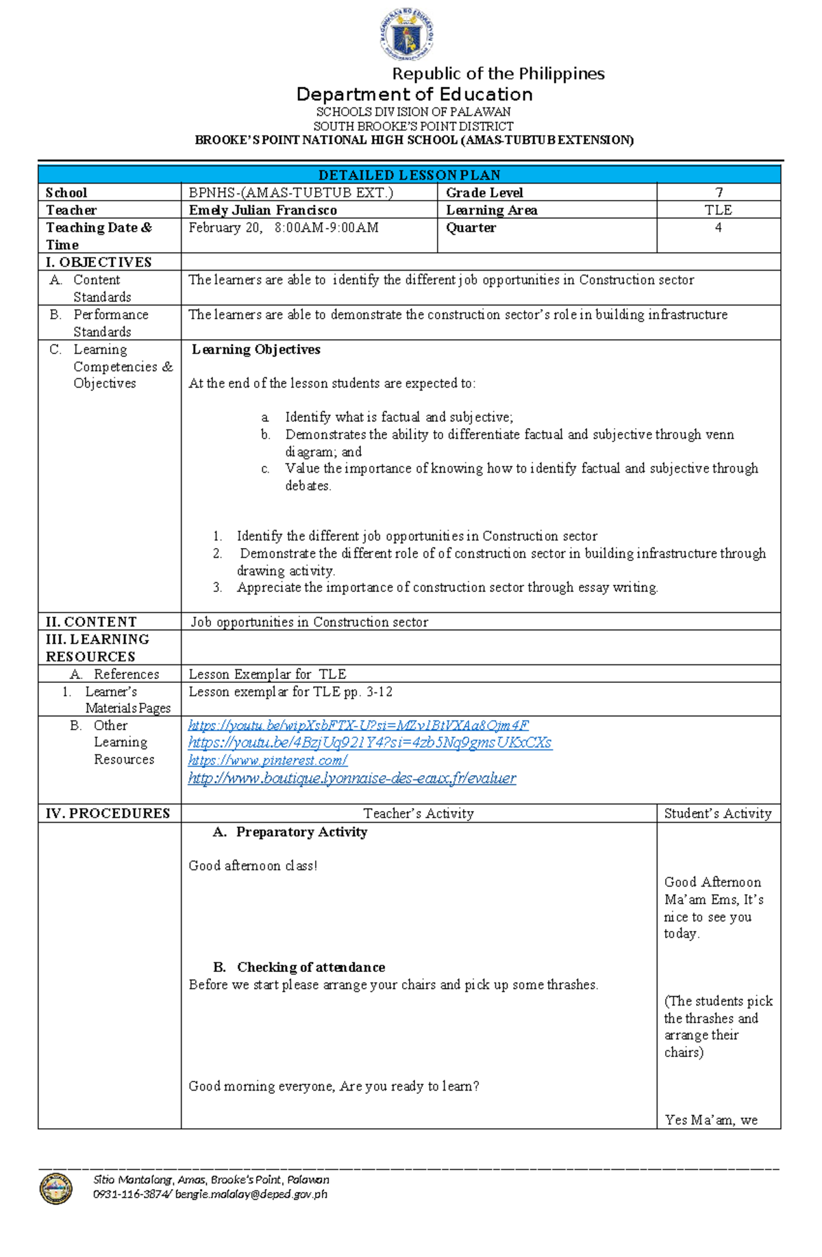 Final Lesson Plan for TLE (Grade 7) - Construction Sector Focus - Studocu