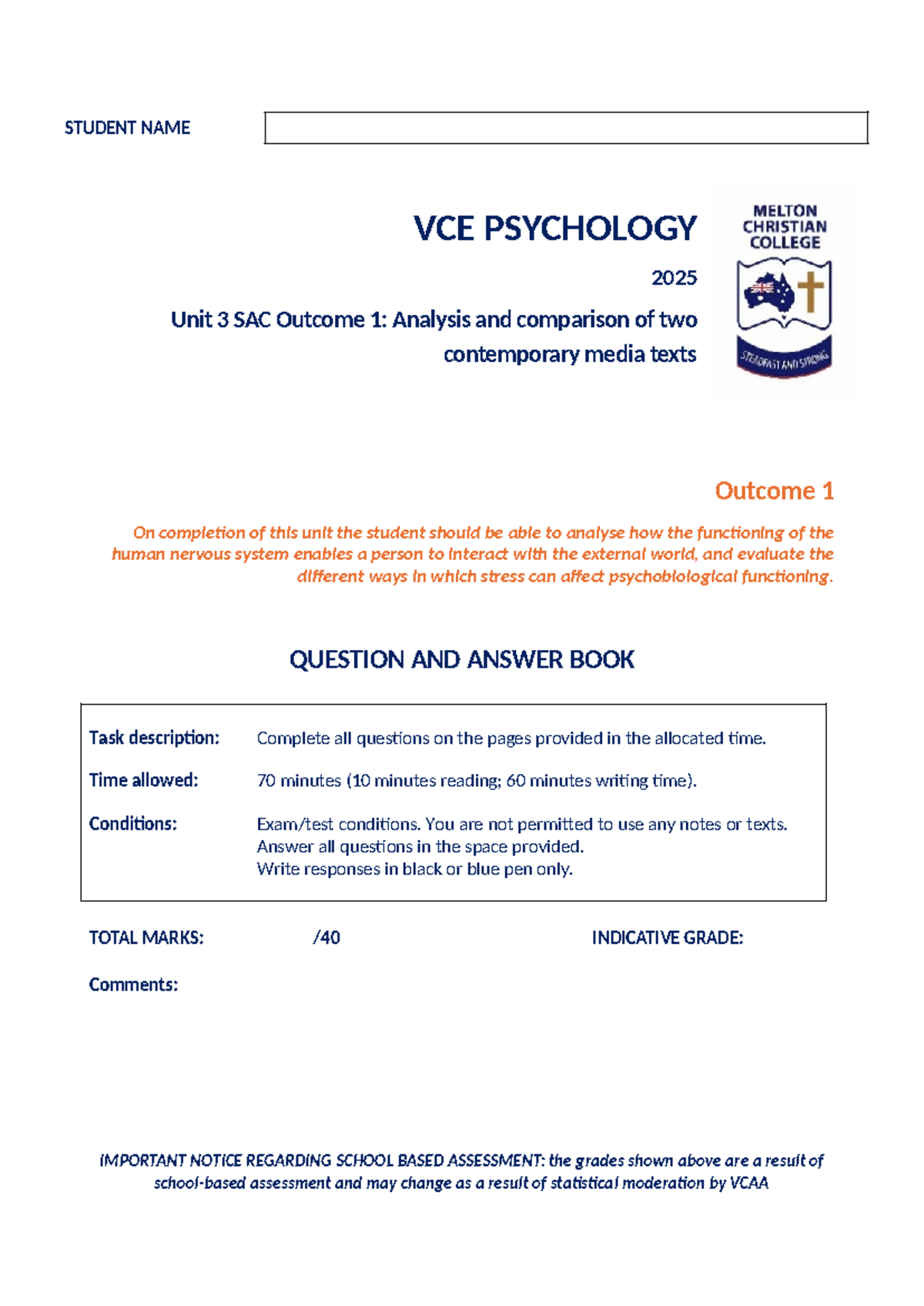 VCE PSYCHOLOGY 2025 Unit 3 SAC: Nervous System Analysis & Stress - Studocu