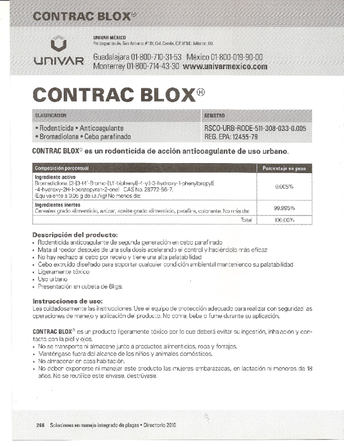 Contrac BLOX F - Ficha Técnica de Rodenticida Anticoagulante - Studocu