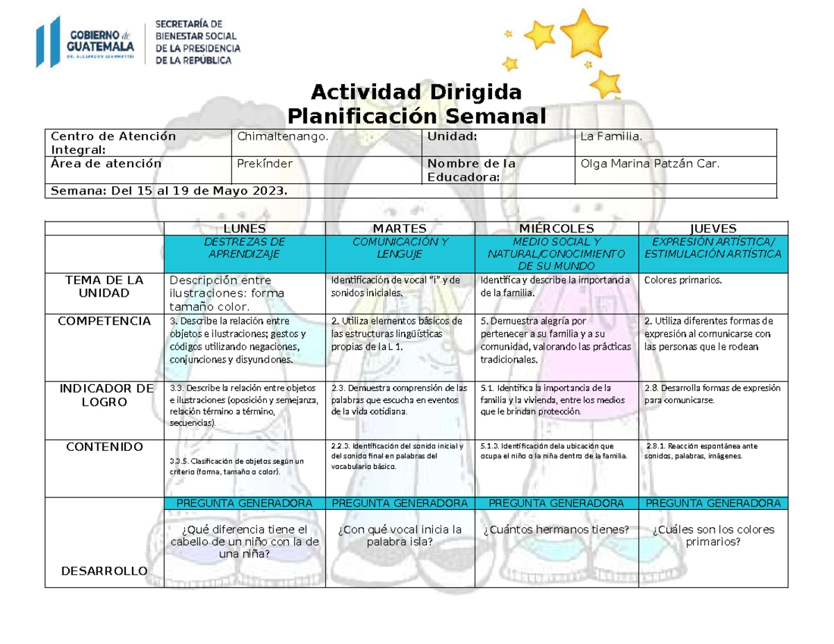 Planificación Semanal Prekínder: Unidad La Familia (02-05 Mayo 2023 ...