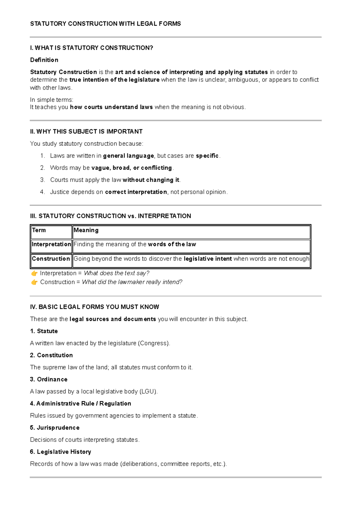 STAT 101: Basics of Statutory Construction and Legal Forms - Studocu