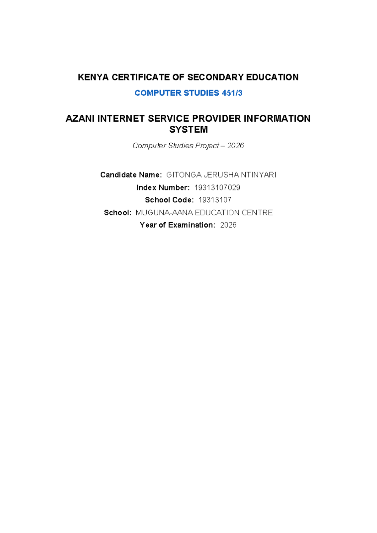 Computer Studies Project: Azani ISP Information System (2026) - Studocu