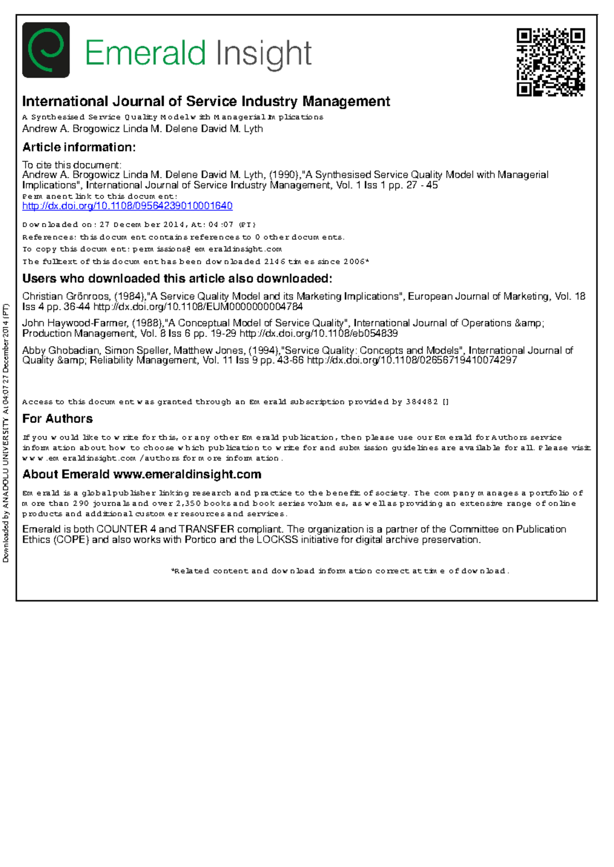 Mô hình chất lượng dịch vụ tổng hợp - Brogowicz (1990) - Studocu