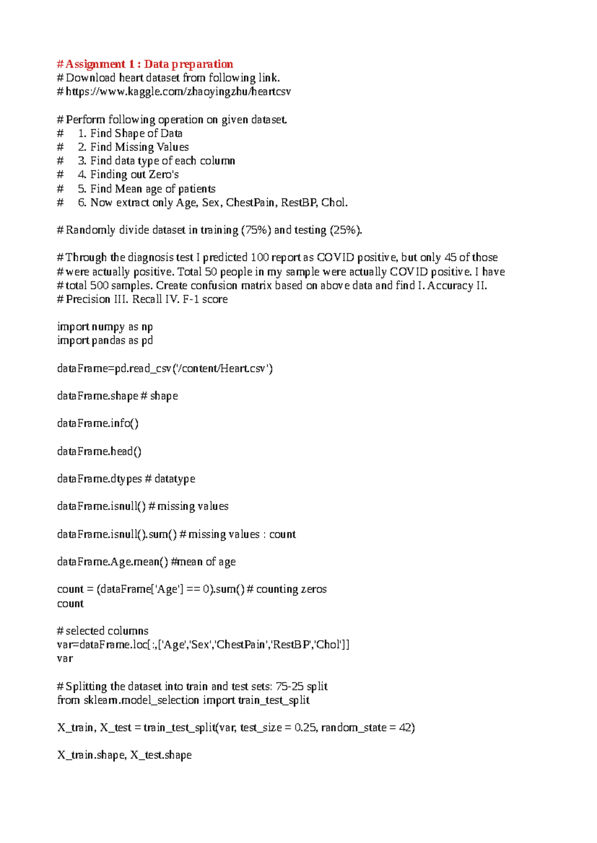 TE ML Assignment 1: Data Prep & COVID Prediction Analysis - Studocu