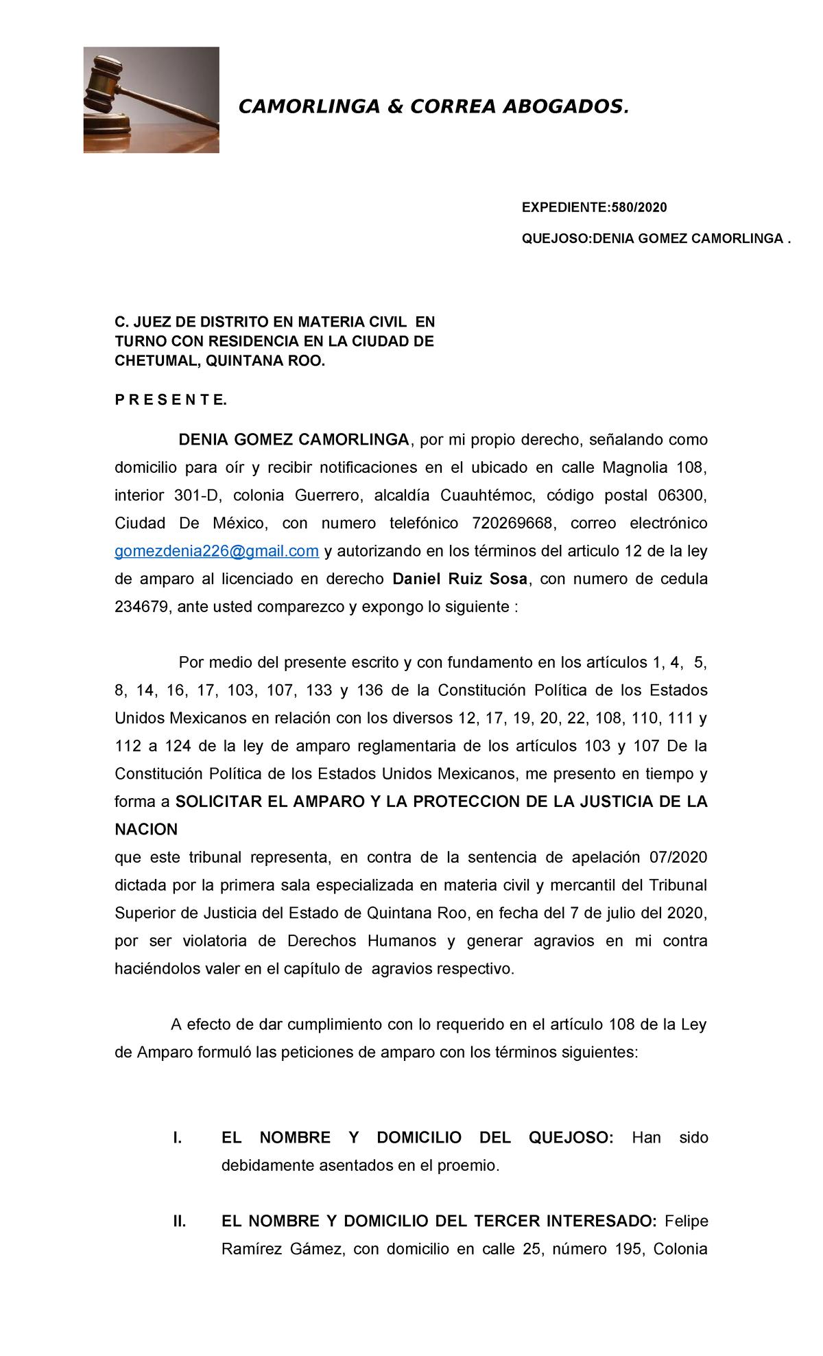 Amparo en Materia Civil: Denia Gómez Camorlinga vs. Juez de Quintana ...
