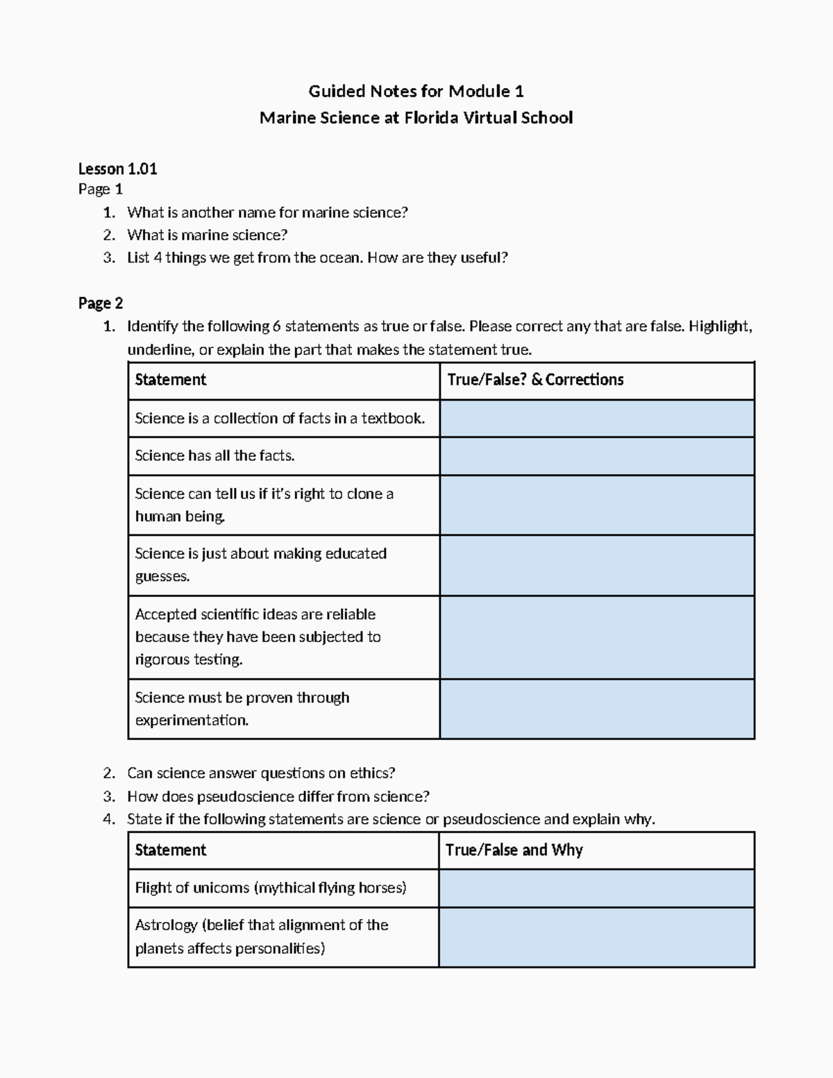 Module 1 Guided Notes: Marine Science at FLVS - Key Concepts Explored ...