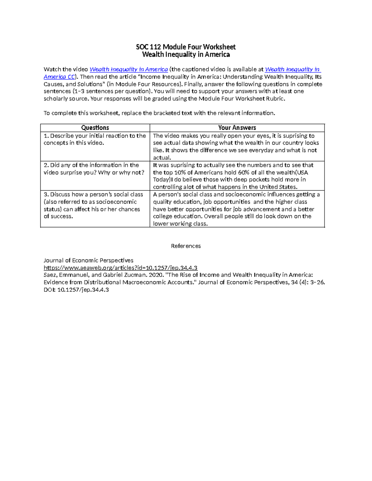 SOC112Module Four Worksheet - SOC 112 Module Four Worksheet Wealth ...