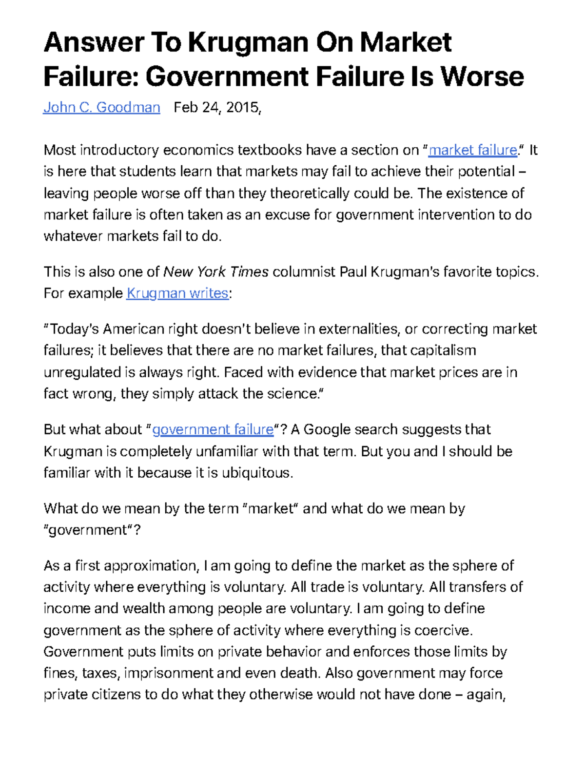 Answer to Krugman on Market Failure: Government Failure Is Worse (ECO ...