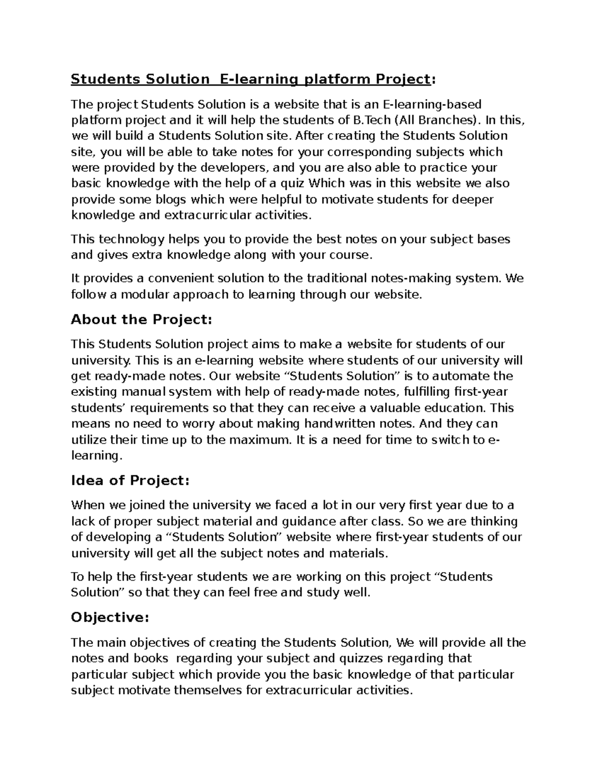 Students Solution E-Learning Platform Project Overview and Objectives ...
