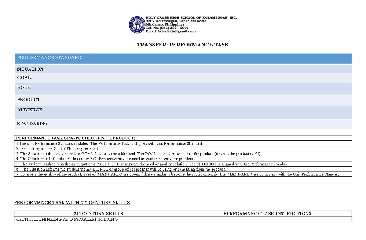 Performance- Template Edited - TRANSFER: PERFORMANCE TASK PERFORMANCE ...