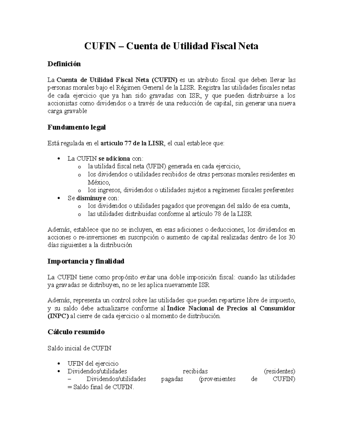 CUFIN y CUCA: Definiciones y Fundamentos Legales en LISR - Studocu