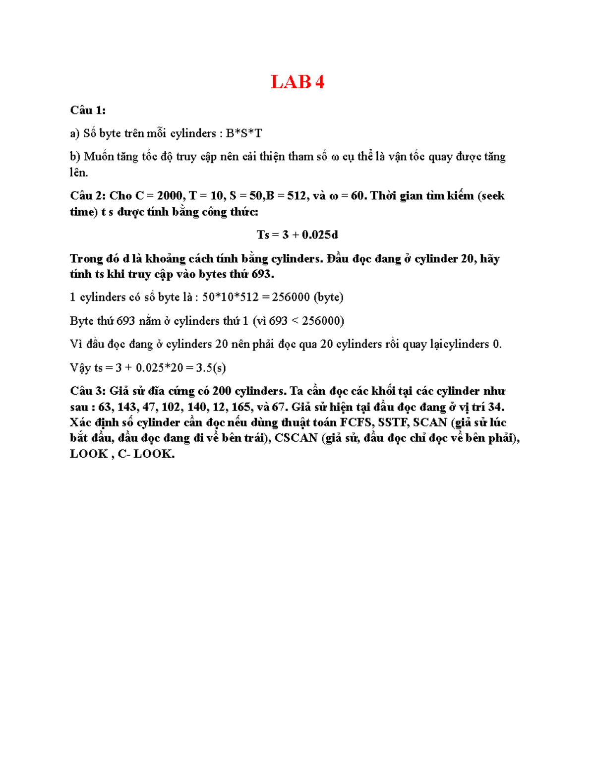 LAB-4 - OS4 Bài Tập Hệ Điều Hành: Cơ Chế RAID và Tính Toán Cylinder - Studocu