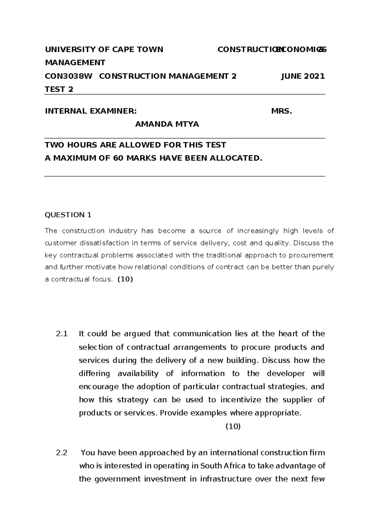 CON3038W Construction Management Test - June 2021 Exam Questions - Studocu