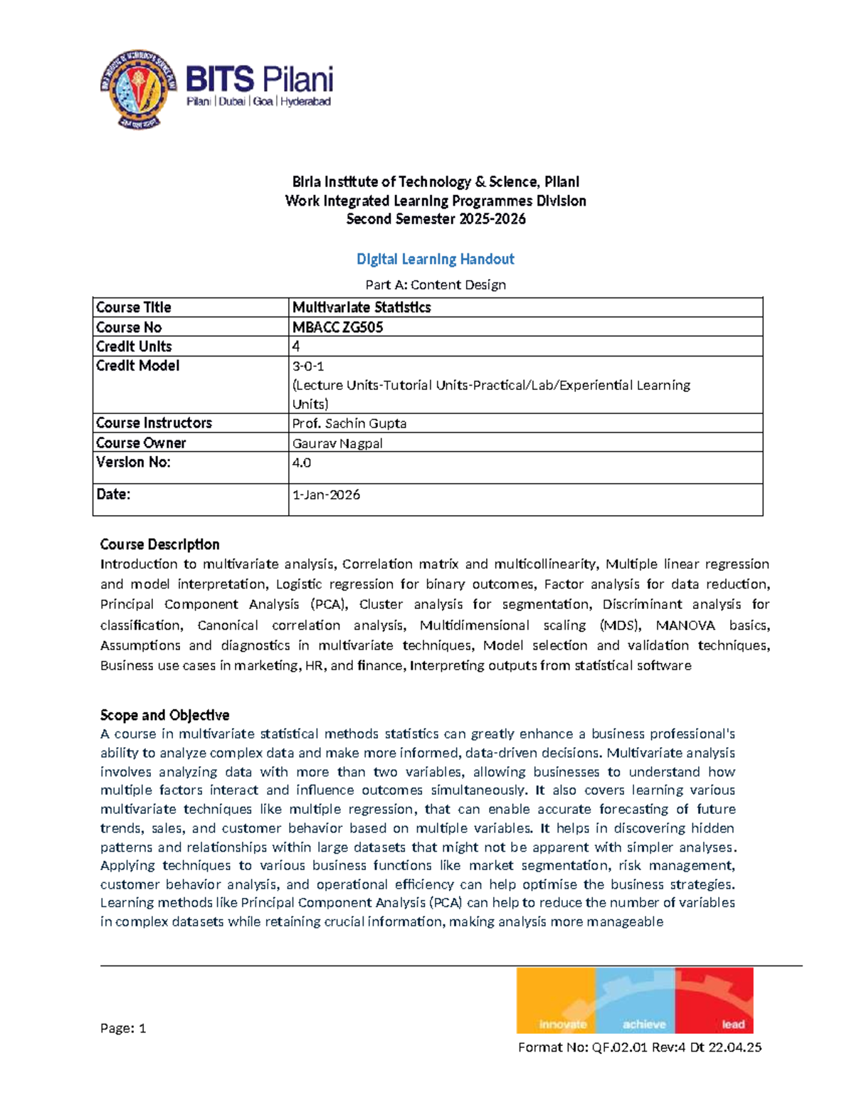 Multivariate Statistics Course Handout (MBACC ZG505) - Second Semester ...