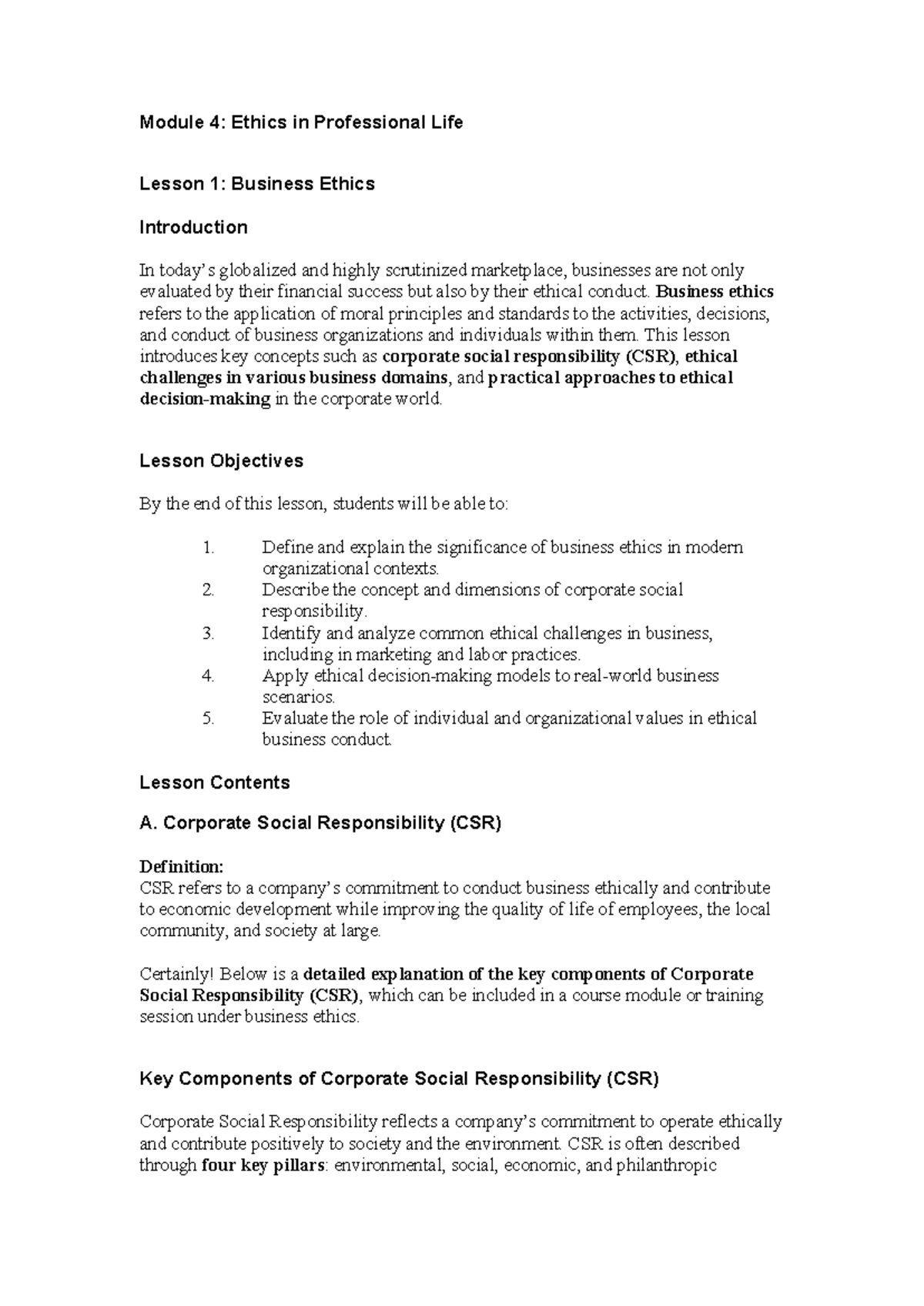 Module 4: Ethics in Professional Life - Lesson 1: Business Ethics ...