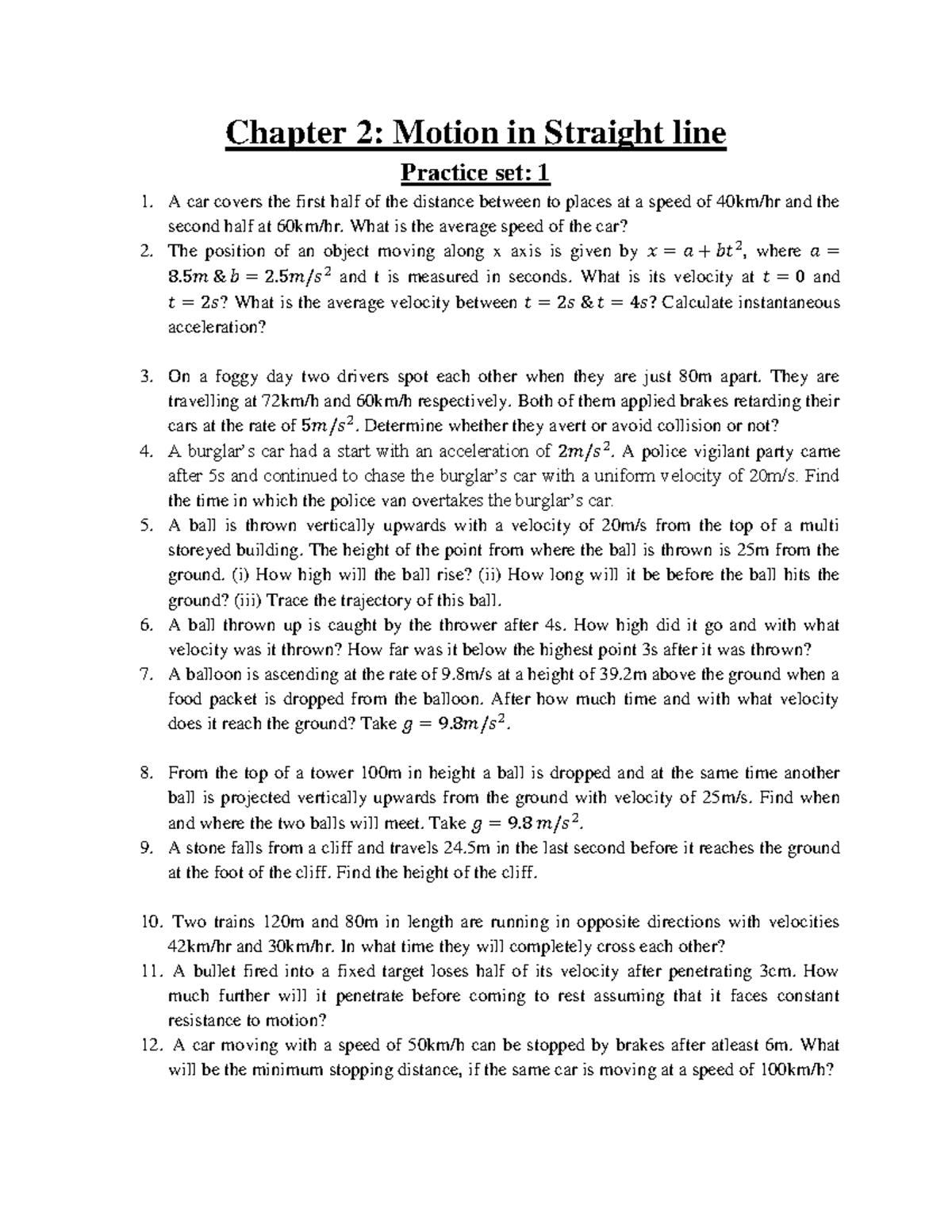 Chapter 2: Motion in Straight Line - Practice Set Solutions - Studocu