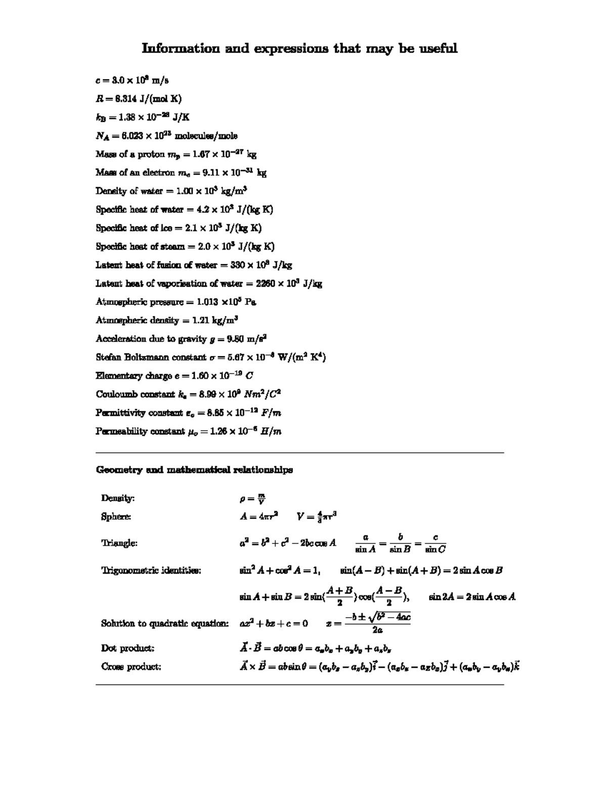 Phys101 Essential Formula Sheet for Quick Reference - Studocu