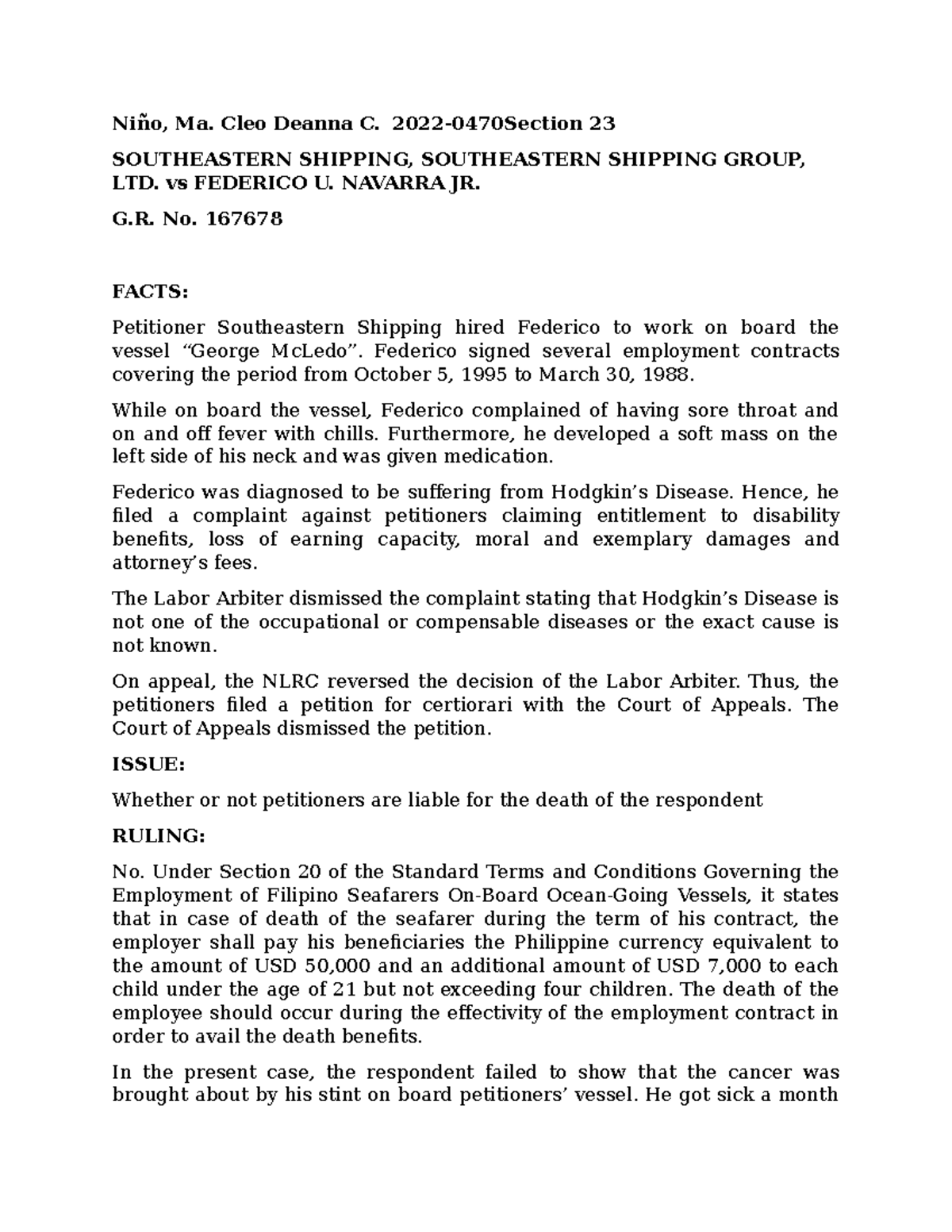 Southeastern Shipping v. Navarra Case Study Digest (G.R. No. 167678 ...