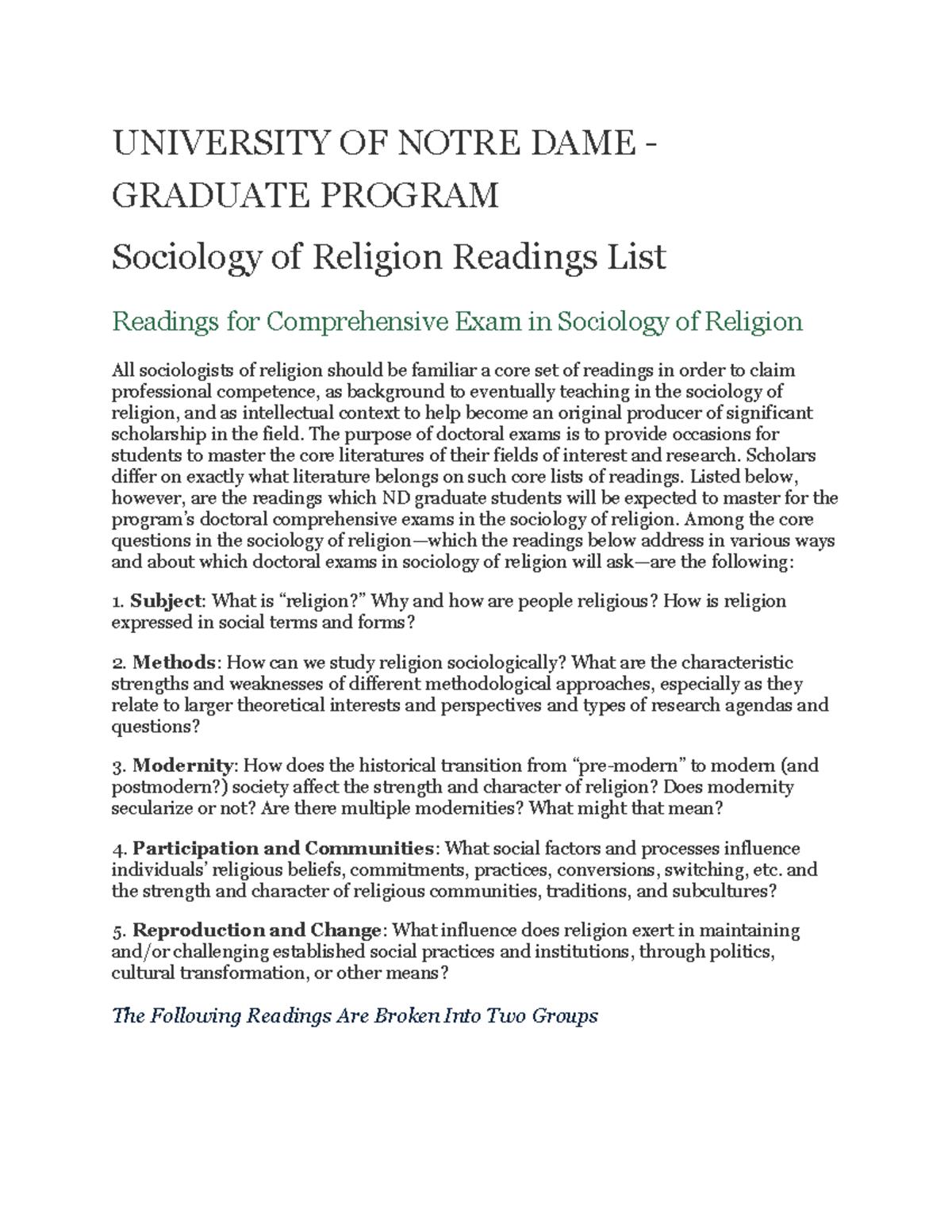 SOCI 601: Comprehensive Exam Readings in Sociology of Religion - Studocu