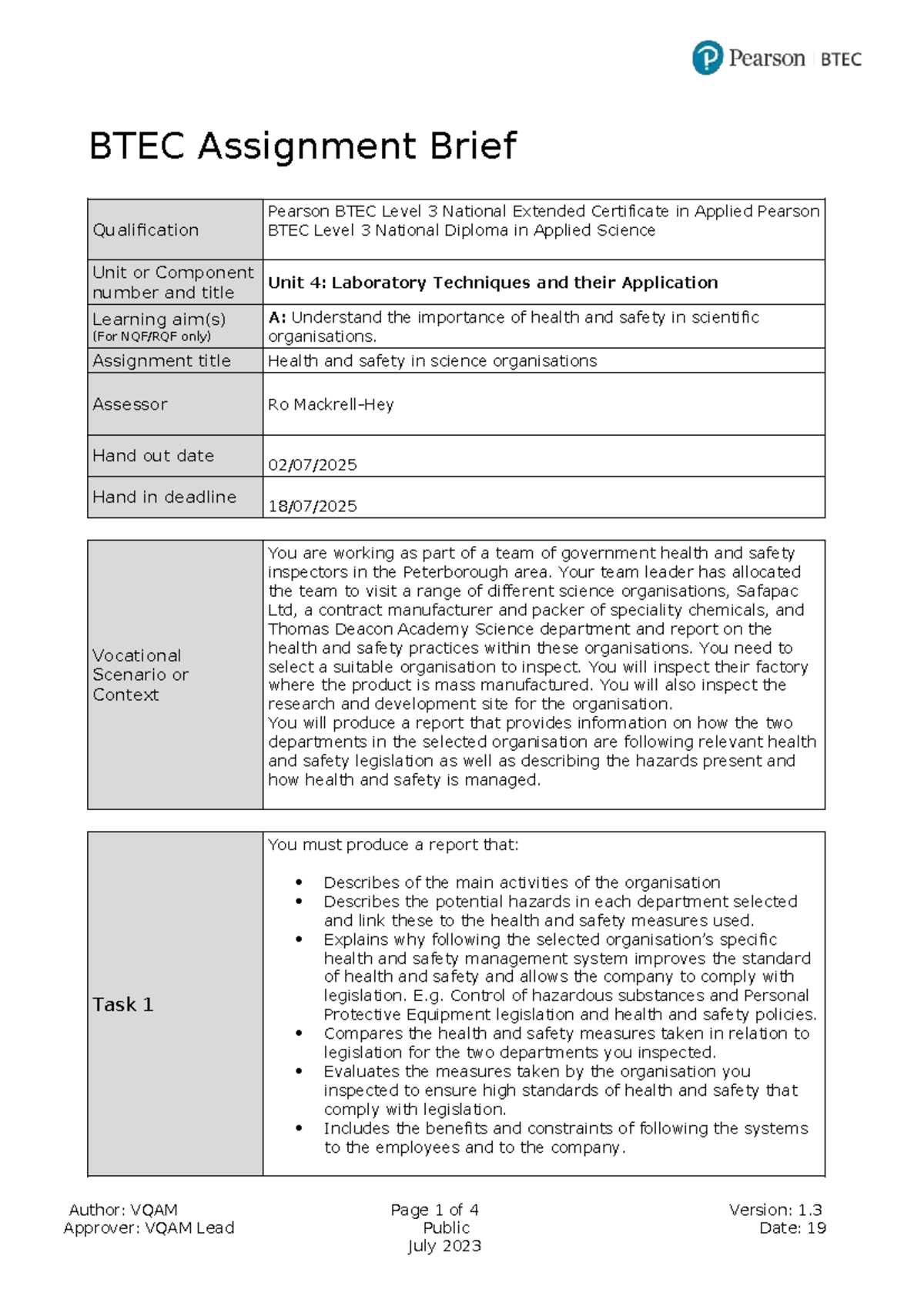 BTEC Level 3 Applied Science Unit 4: Health & Safety in Science ...