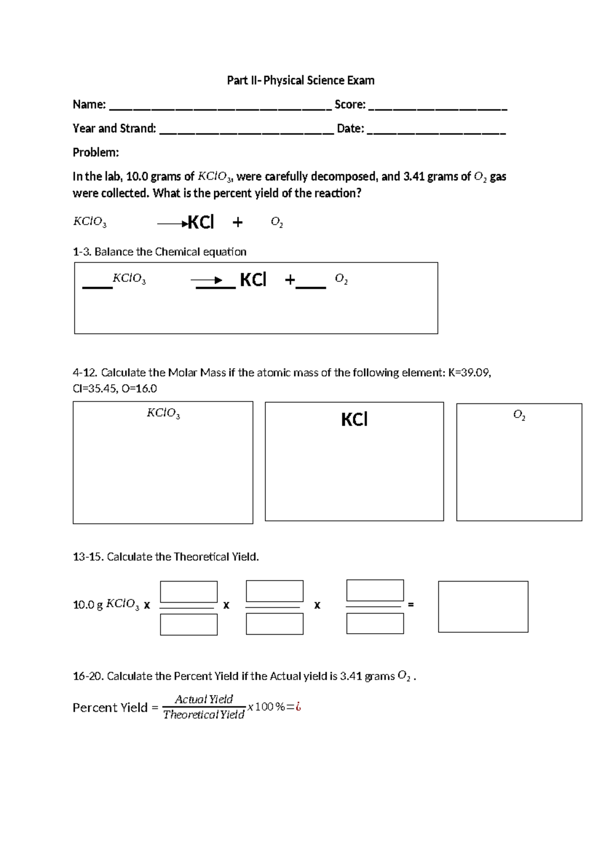 Physical Science Midterm Part2 - Part II- Physical Science Exam Name ...