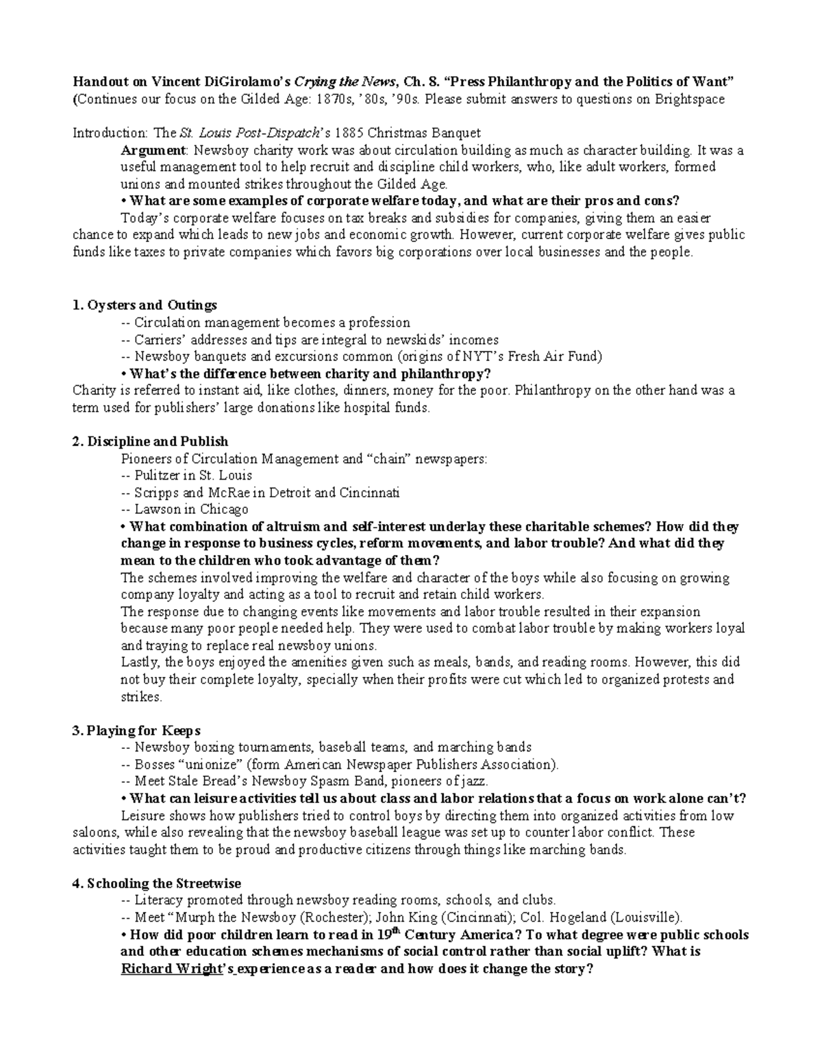 Ch. 8 Press Philanthropy Handout: Gilded Age Newsboys & Charity - Studocu