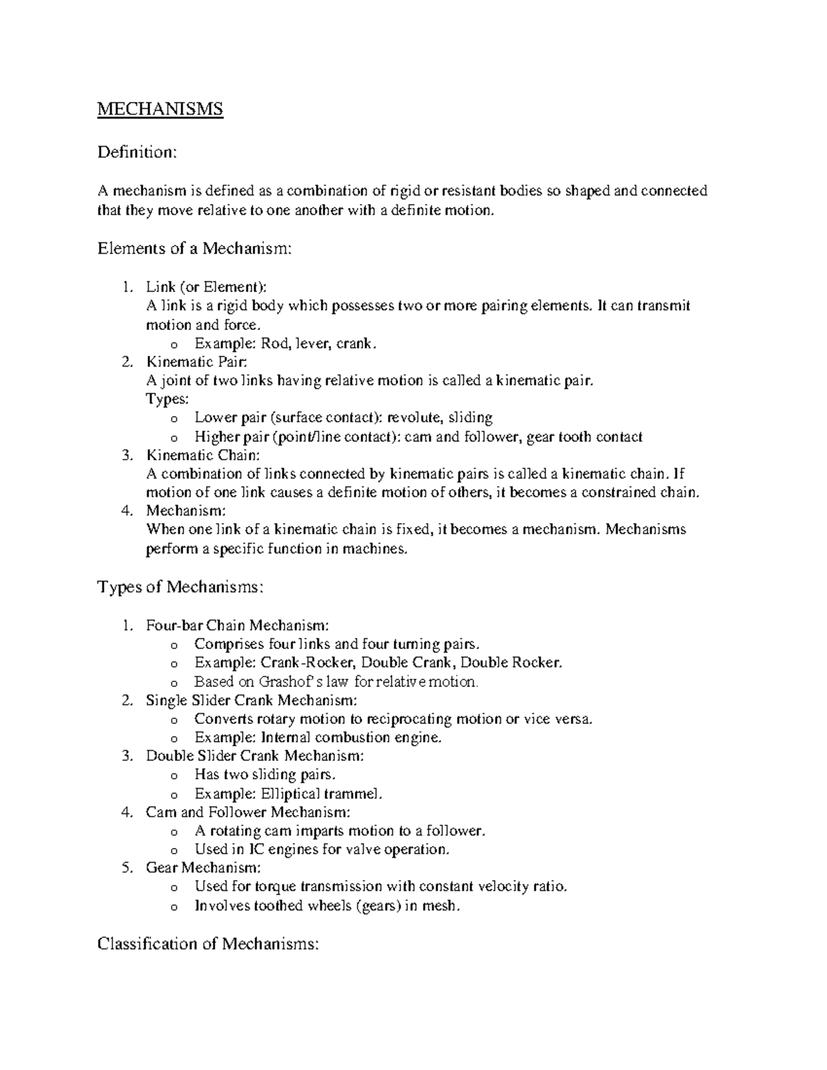 MECHANISMS: Definitions, Types, and Kinematic Analysis (ENGR 101) - Studocu