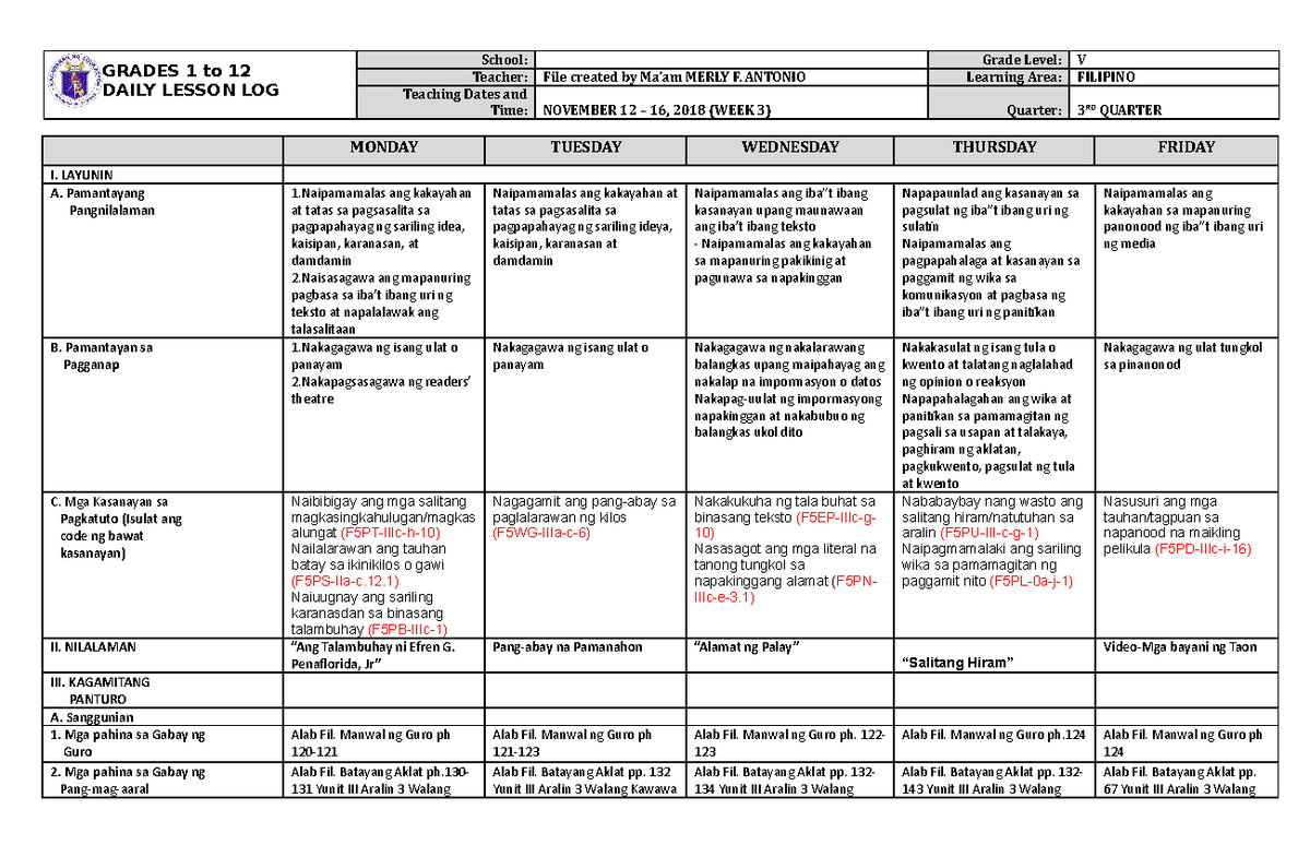 DLL Q3W3 Filipino 5: Daily Lesson Log for November 12-16, 2018 - Studocu