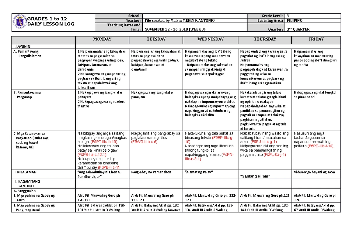 DLL Quarter 3 Week 5 Filipino 5 - GRADES 1 to 12 DAILY LESSON LOG ...