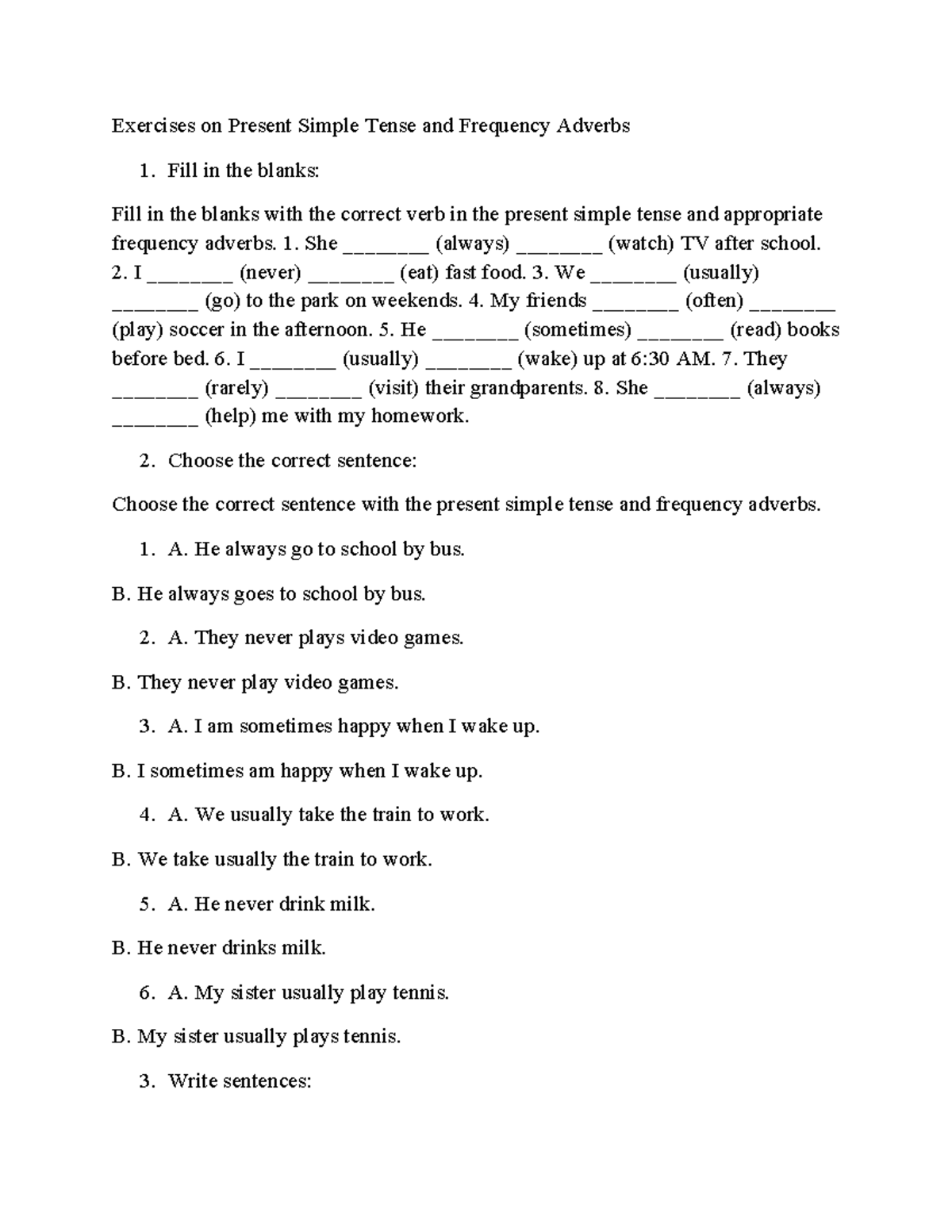 Exercises on Present Simple Tense & Frequency Adverbs (ENG101) - Studocu