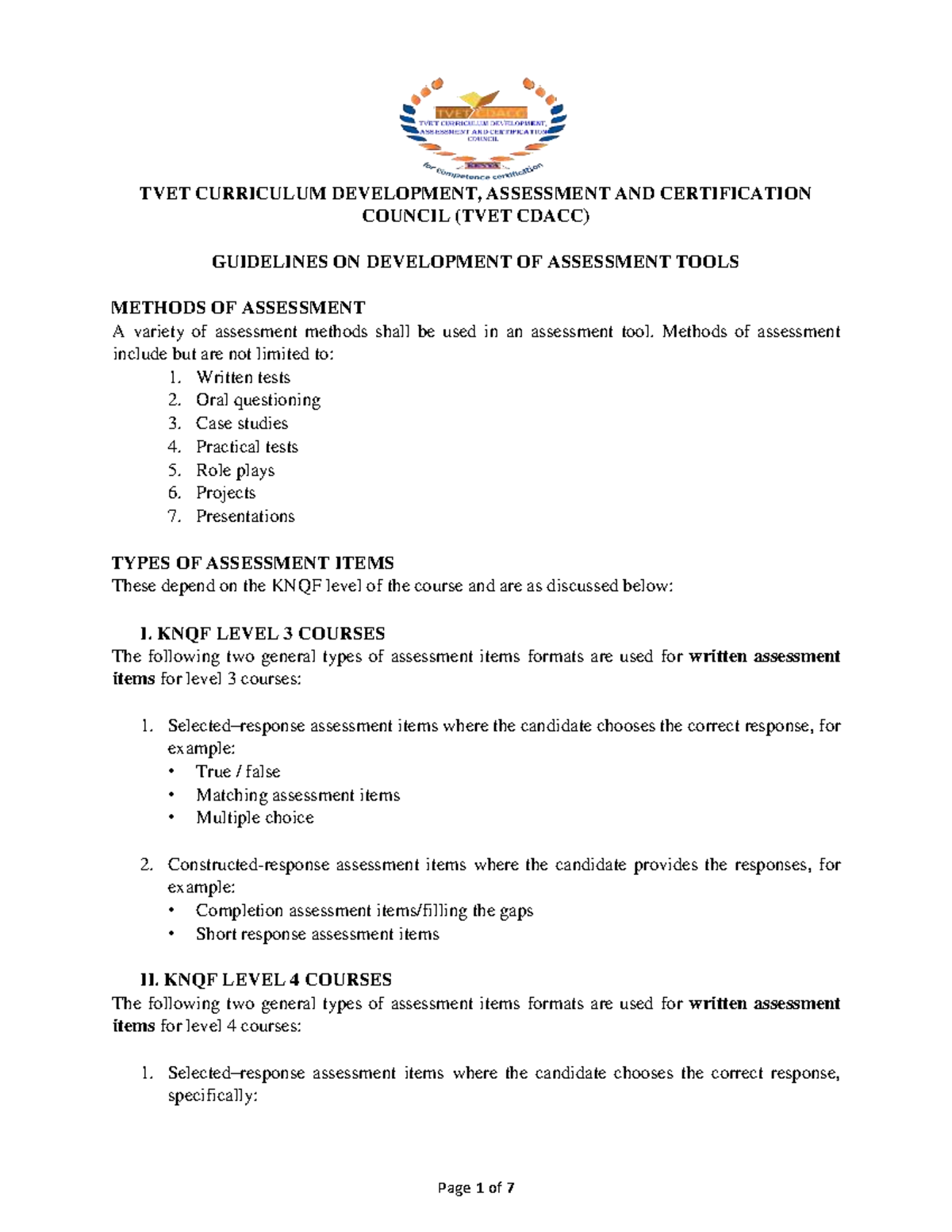 TVET CDACC Guidelines: Developing Effective Assessment Tools - Studocu