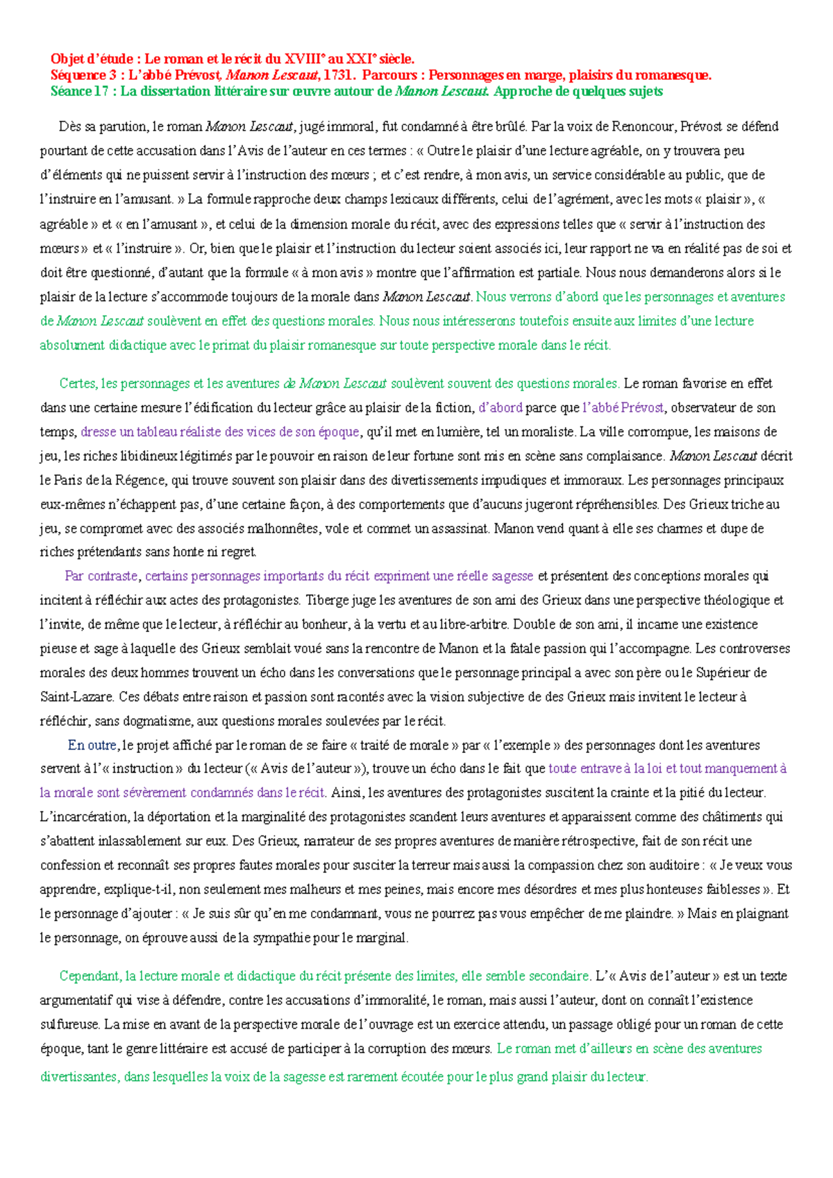 Séance 17 : Correction des Sujets de Dissertation sur Manon Lescaut - Studocu