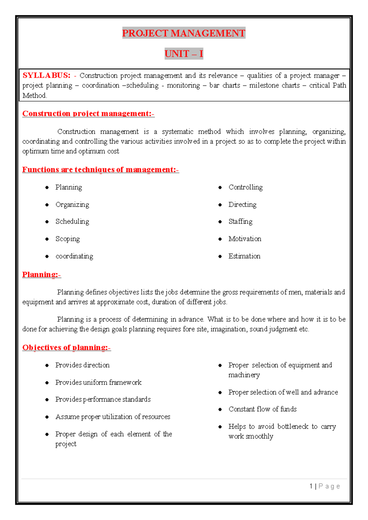 Project Management (PM) Unit I Notes - JNTUK R19 CSE 4-2 - Studocu